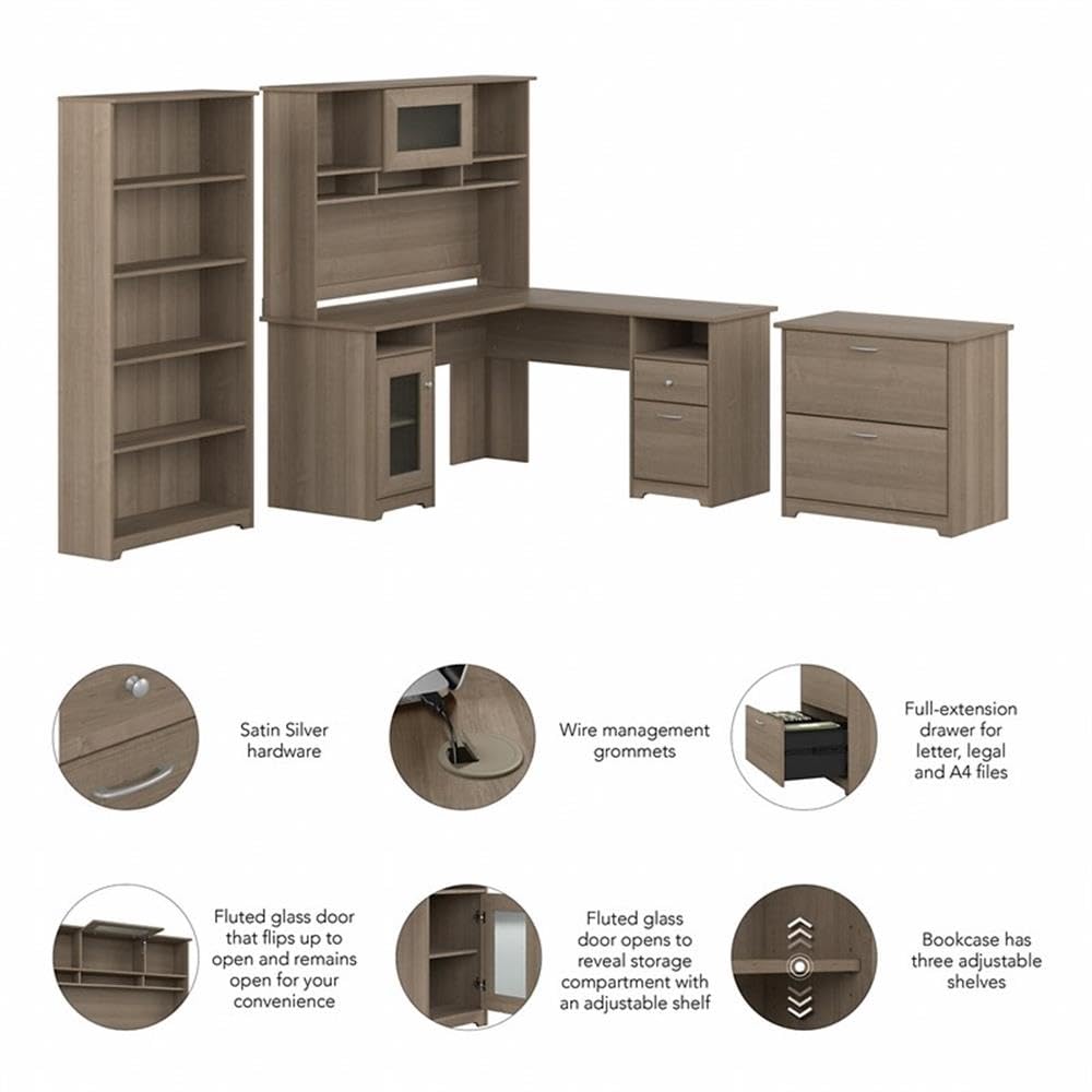 Bush Furniture L Shaped Desk with Hutch, 5 Shelf Bookcase and Lateral File Cabinet | Cabot Collection Corner Computer Table with Storage and Bookshelf | 60Wx23DX37W