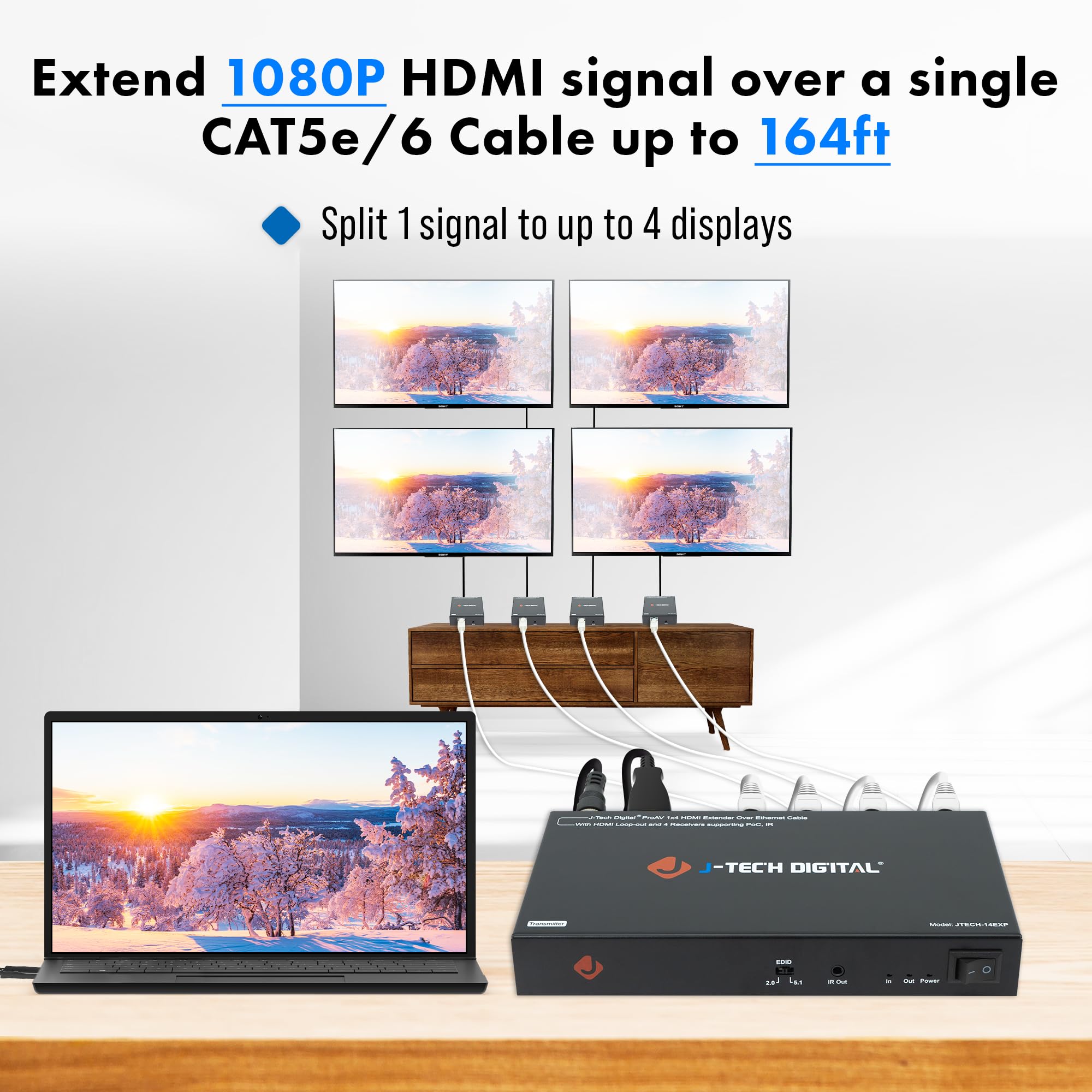 J-Tech Digital HDMI Extender Splitter 1x4 Over Single Cat5e/6 Ethernet Cable Up To 164ft. Supports PoC HDMI Loopout IR Control EDID Switch