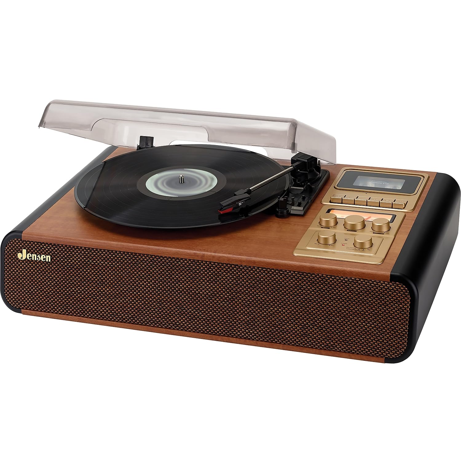 JENSEN JTA-385 JTA-385 3-Speed Belt-Drive Turntable with Pitch Control, Cassette Player/Recorder, AM/FM Stereo Radio, and Built-in Speakers