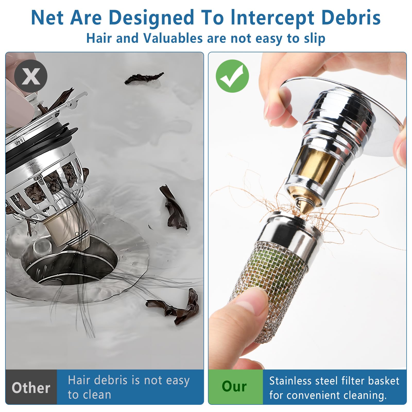 Anytin 2pcs Bathroom Sink Drain Strainer Pop Up Sink Drain Stopper with Removable Stainless Steel Filter Basket, for US Universal Bathroom Kitchen Basin Sink Stopper Bathroom Sink Stopper