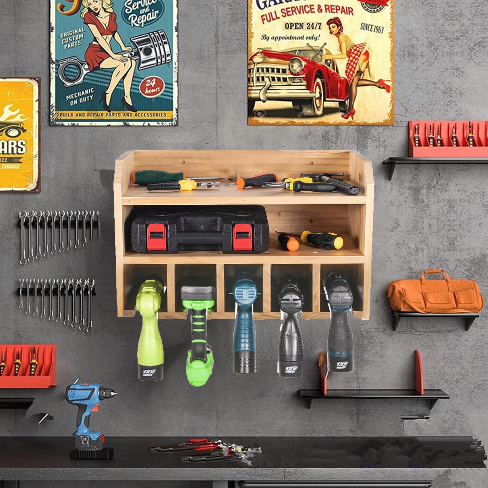 Baoz Wooden Power Tools Organizer Cabinets 5 Hanging Slots Drill Charging Station Wall Mounted Garage Tool Holder Cordless Drills Storage Shelf Rack for Circular Saw, Screwdriver Drill Impact Wrench