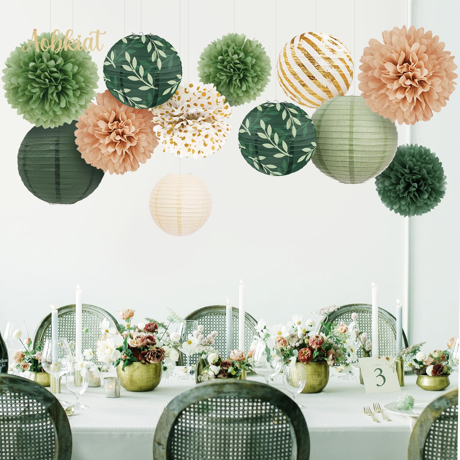 AOBKIAT Wedding Party Decorations Set,12PCS Olive Green Sage Paper Pom Poms Lanterns with Olive Leaf,for Engagement,Baby Shower,Bridal Shower,Boho Party