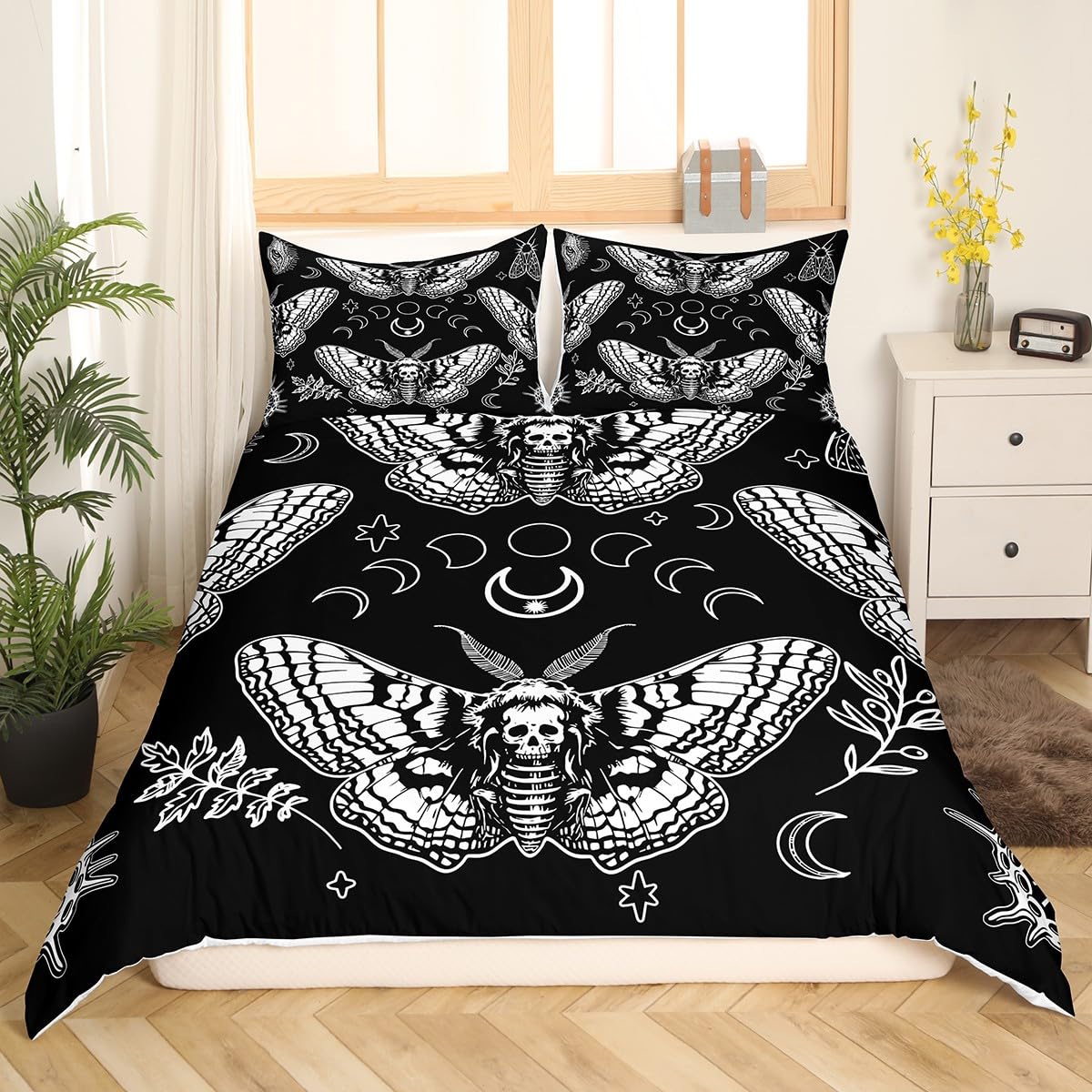 Death Moth Duvet Cover Set Queen Size Youth Gothic Skull Bedding Set 3pcs for Kids Boys Teens Room Decor, Moth Skeleton Skull Comforter Cover Moon Stars Quilt Cover with 2 Pillowcases, No Comforter