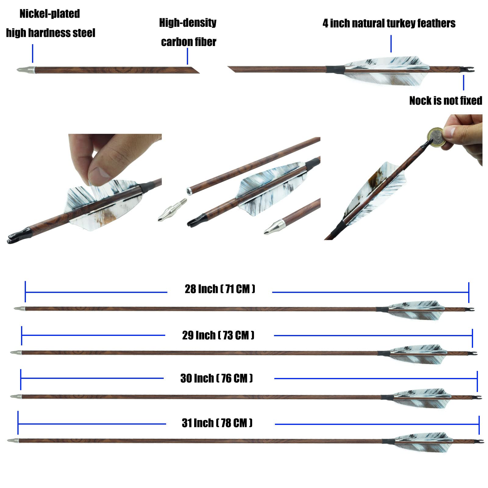 Archery Carbon Arrows 28/29/30/31 Inch 4 Inch Turkey Feather Spine 500 Competition Practice Hunting Target Shooting for Recurve Long Traditional Bow and Compound Bow 6/12Pcs (28 Inch,12 Pcs)