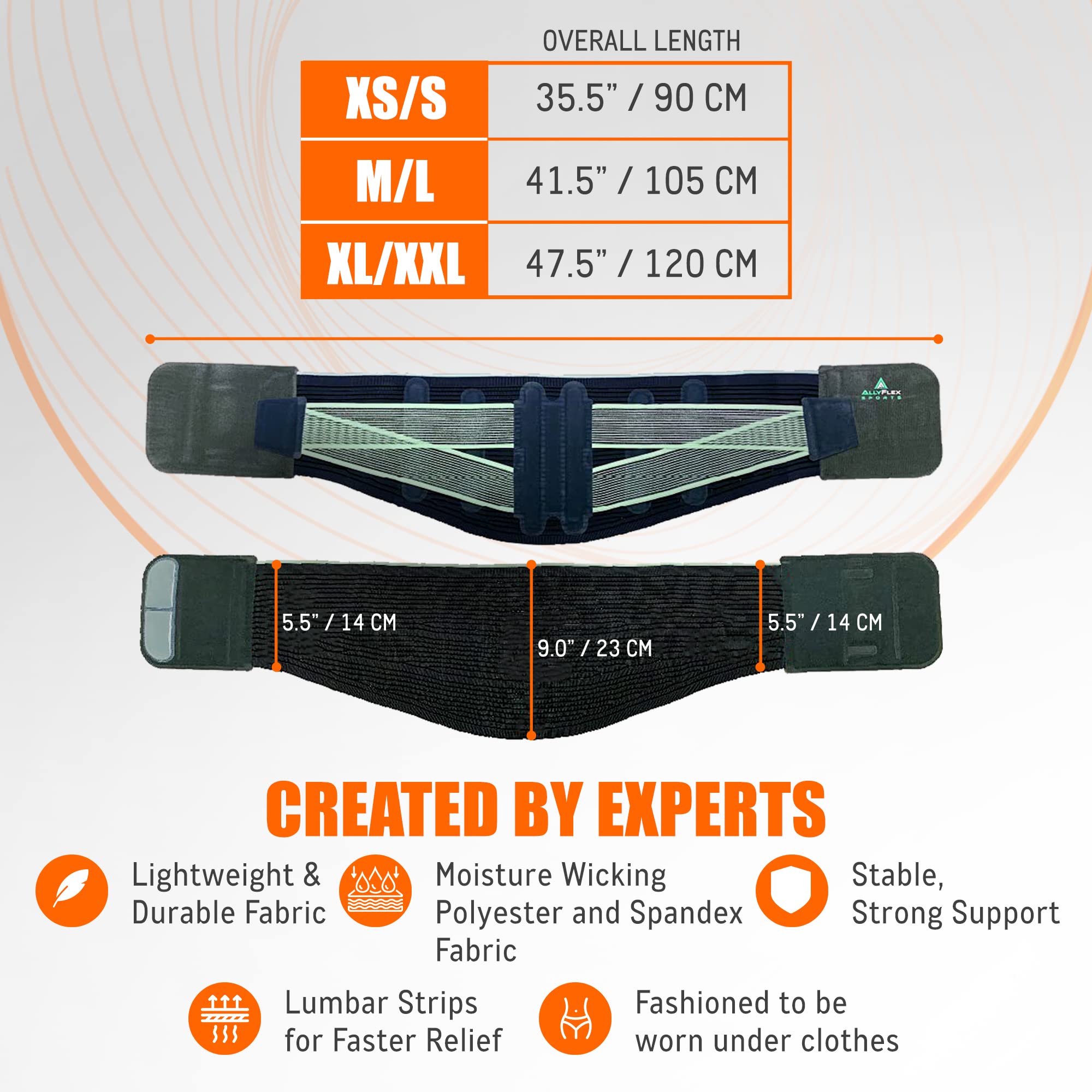 AllyFlex SportsĀ® - Lumbar Support Belt for Women for Back Pain, Slim-Fit Back Brace for Men, Breathable Compression Back Support Brace, 41.5 inches, Medium/Large