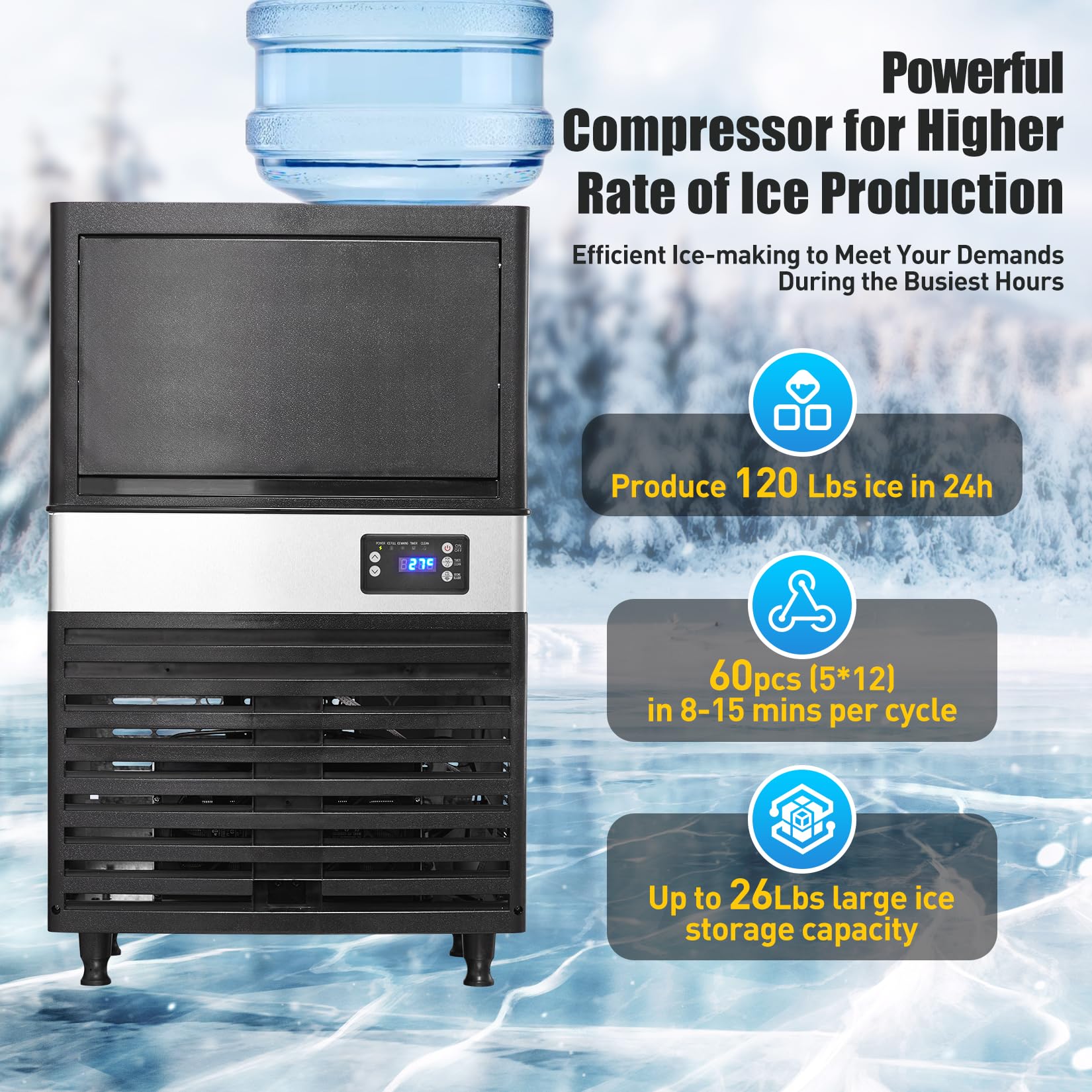 Commercial Ice Maker 120Lbs/24h 2-Ways Add Water Modes Large Ice Maker Machine with 26lbs Storage Bin Quick Make Ice Cube 60pcs Ice/ 5 Mins Stainless Steel Ice Makers for Restaurant