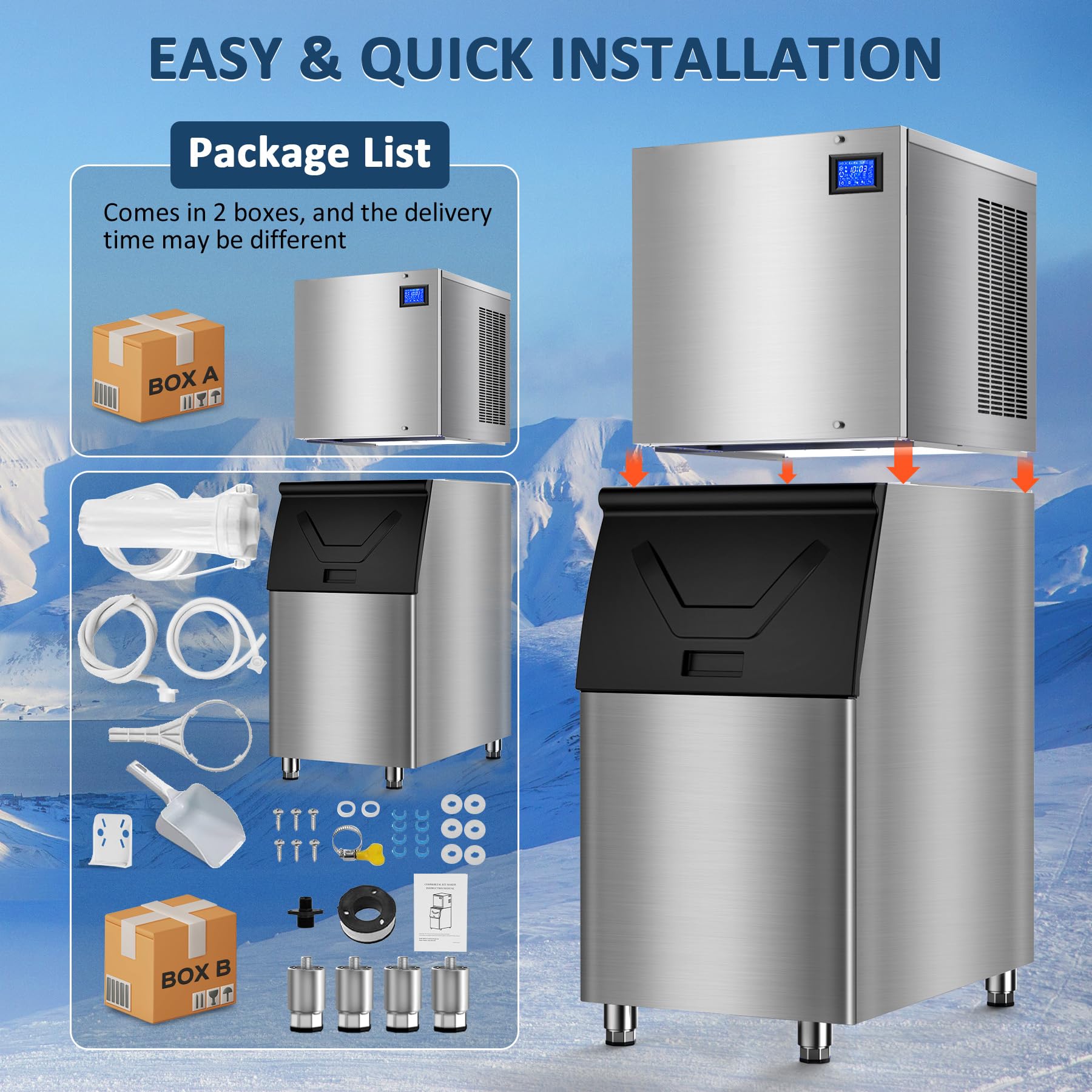 Commercial Ice Maker Machine, 500LBS/24H with 360LBS Large Storage Bin Stainless Steel Industrical Ice Machine 156pcs Clear Cubes in 10Mins, Air Cooled Freestanding Ice Maker for Restaurant Coffee Bar