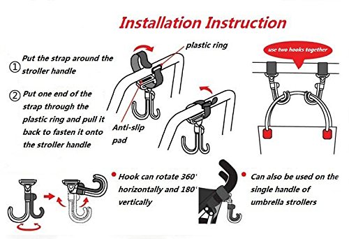 Mom's Best Baby Two Pack - New Durable Stroller Hooks with Secure Black Velcro Strap - 360 & 180 Degree Swivel Double Hook Design - Heavy Duty - 100% Guaranteed