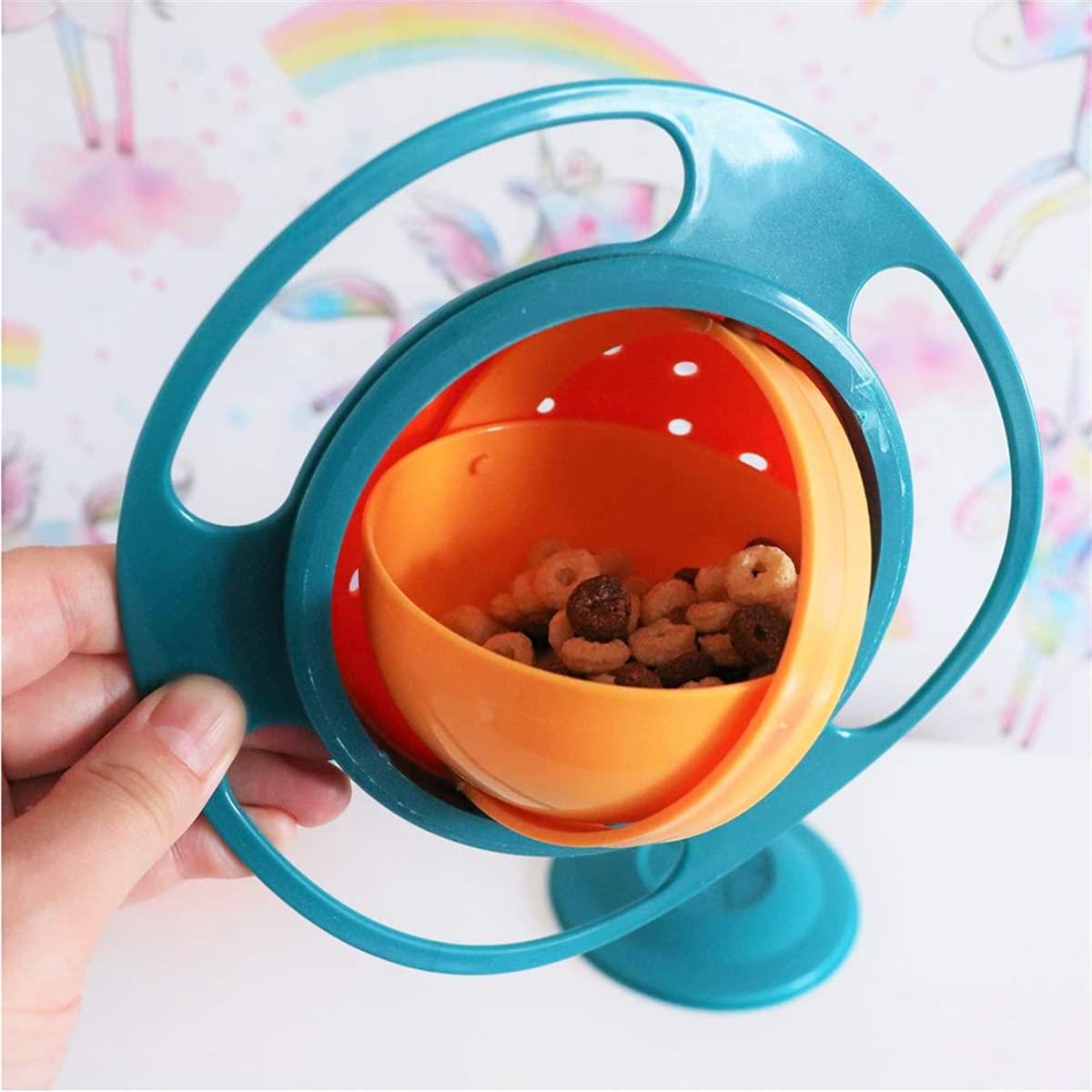 Baby Universal Gyro Bowl,Magic Gyro Bowl 360 Degree Rotate Spill-Proof Bowls with Lid Plastic Creative Dishes Practice Feeding Bowls (Blue*3)