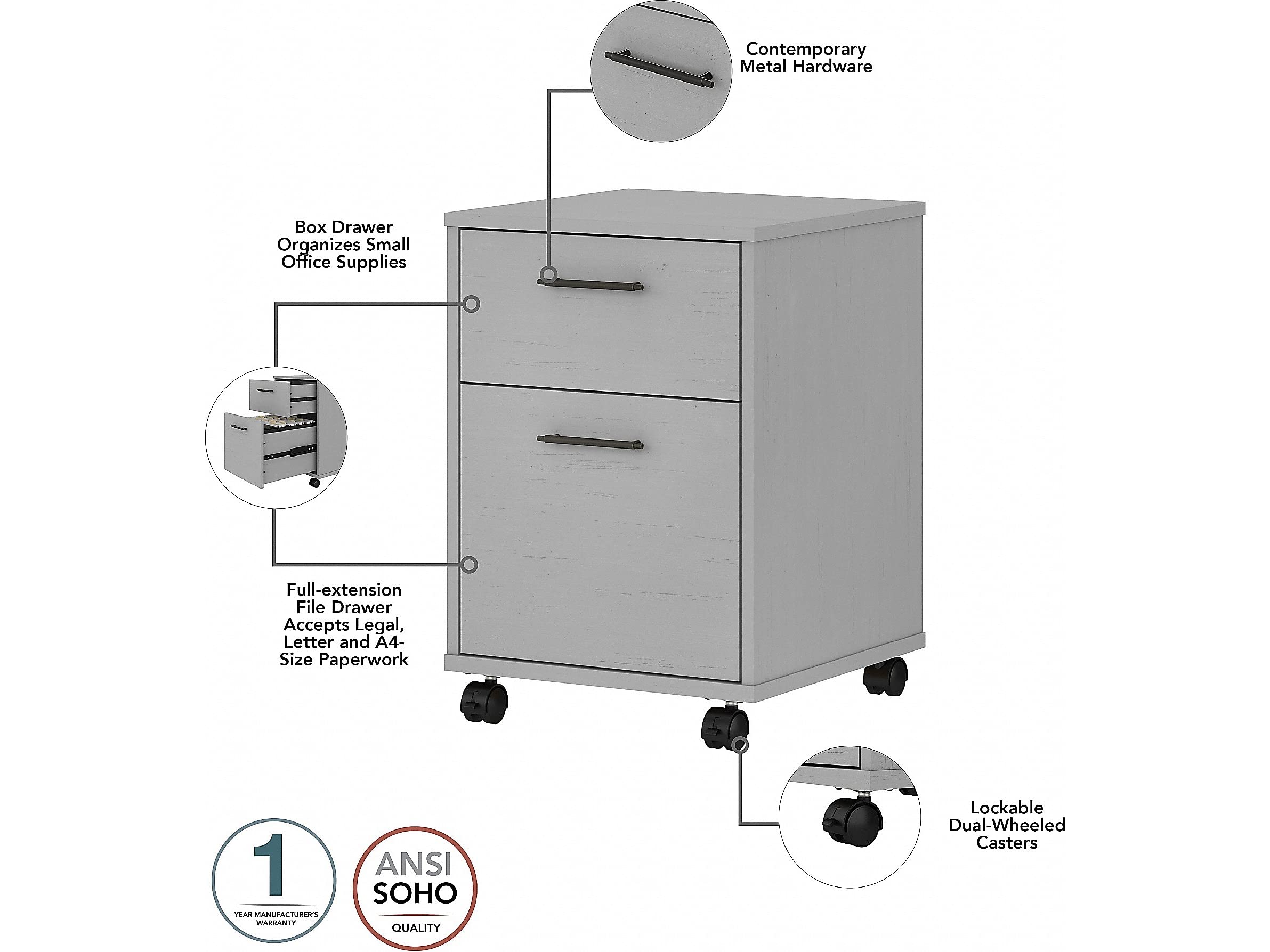 Bush Furniture Key West 60W L Shaped Desk with 2 Drawer Mobile File Cabinet in Cape Cod Gray
