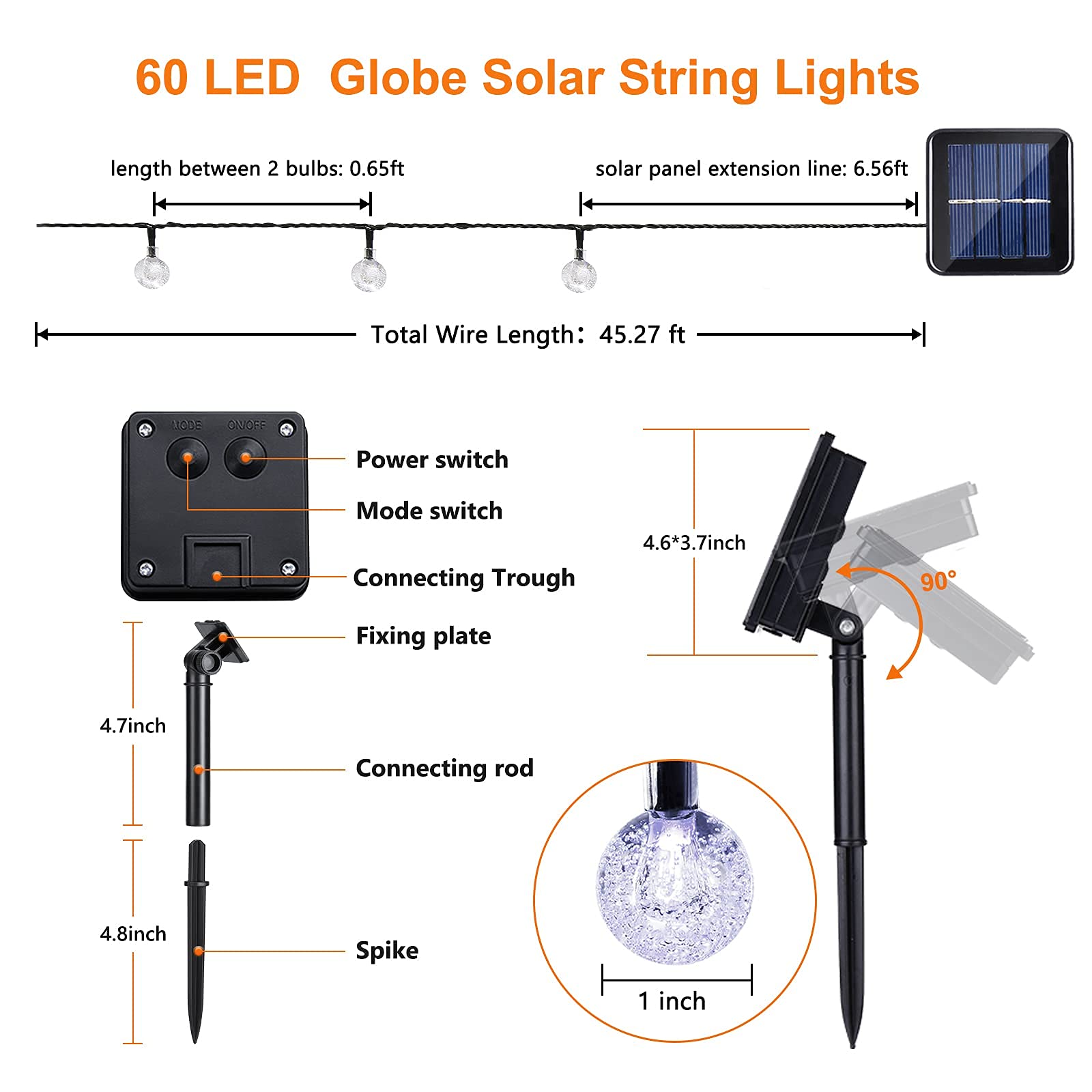Flacchi Cool White 39 Ft 60 LED Solar String Lights Waterproof, 8 Modes Crystal Ball Lights Solar Fairy Patio Lights for Garden, Lawn, Porch, Yard, Gazebo, Bistro Xmas Decor
