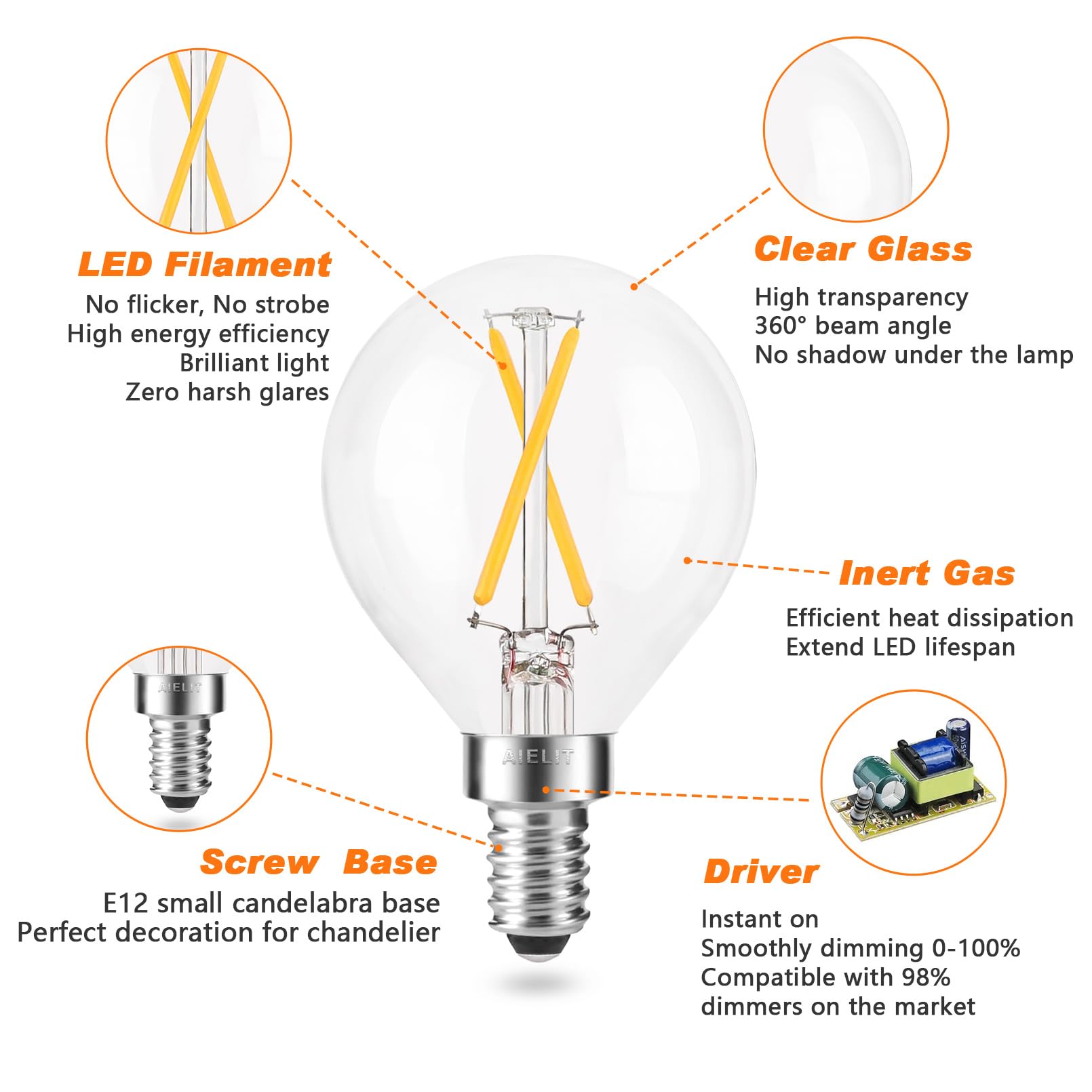 AIELIT E12 LED Globe Bulb Dimmable, 2W(25-Watt Equivalent), Bright White 5000K, Daylight G15/G50 LED Light Bulbs for Hanging Lamp Pendant Chandelier Light Kitchen, 6-Pack