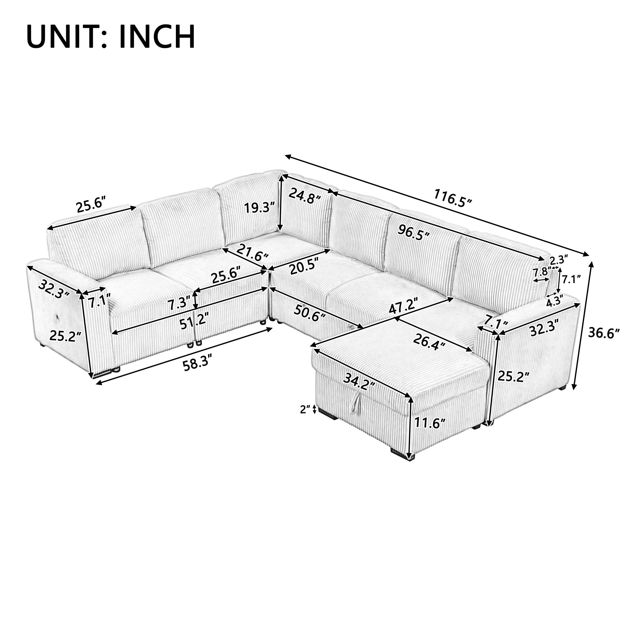 CALABASH U Shaped Sectional Sleeper Sofa, with Pull Out Bed, L-Shaped Corner Combo, with Ottoman, USB and Storage, Convertible Sectional Sofa Couch,Grey