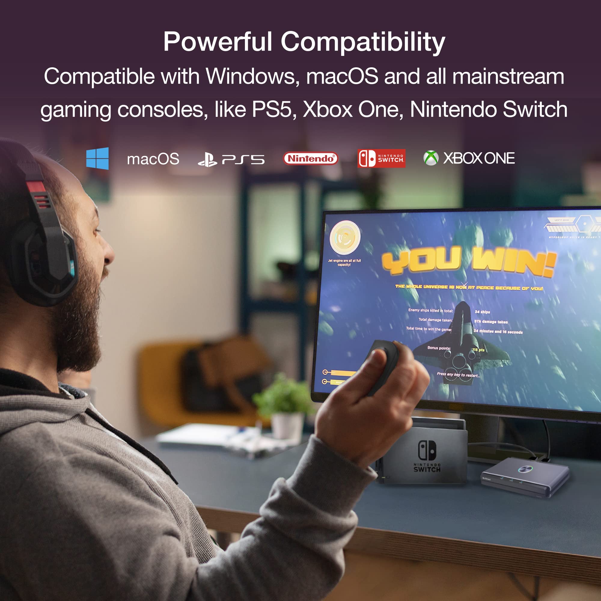 EZCast CatchU Capture Card, Plug and Record Your Mobile Gameplay, Capture and Record Gameplay to USB, 4K60 Pass-Through, 1080p60 UVC Stream, Support Smartphone, Xbox, PS5, Nintendo Switch
