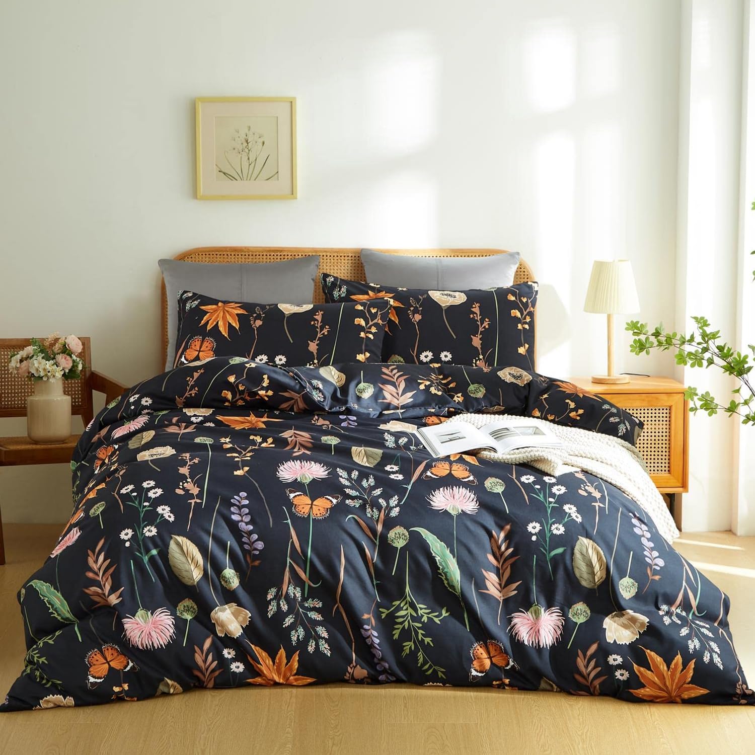 CoutureBridal Floral Duvet Cover King Size Black Comforter Cover with Colorful Botanical Yellow Butterfly Printed 3 Pieces Soft Microfiber Bedding Set with Zipper Ties Home Deco