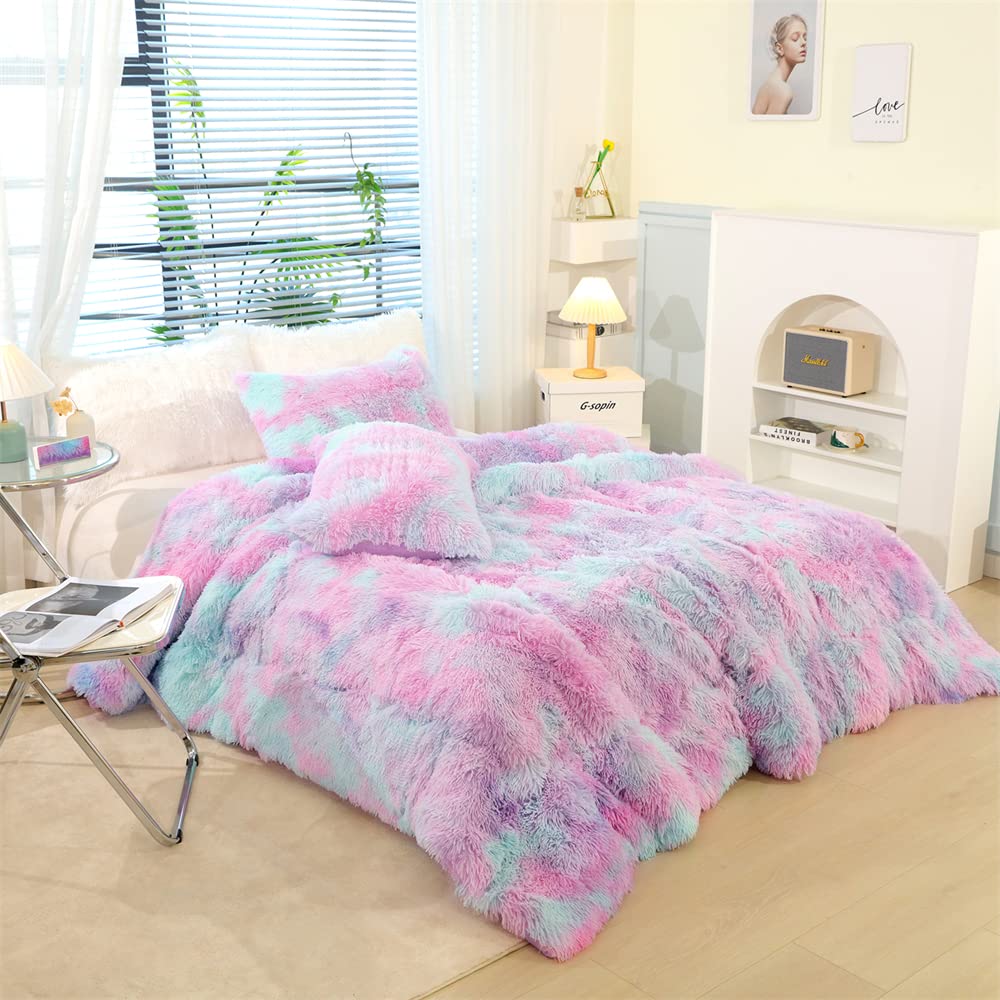 Roscloud Faux Fur Kids Girls Purple Rainbow Comforter Sets Twin/Full - 3PC Bed Set Warm Comfortable Soft Plush Flannel Velvet Fluffy Fuzzy Bedding(Comforter x 1 Pillowcases x 2)