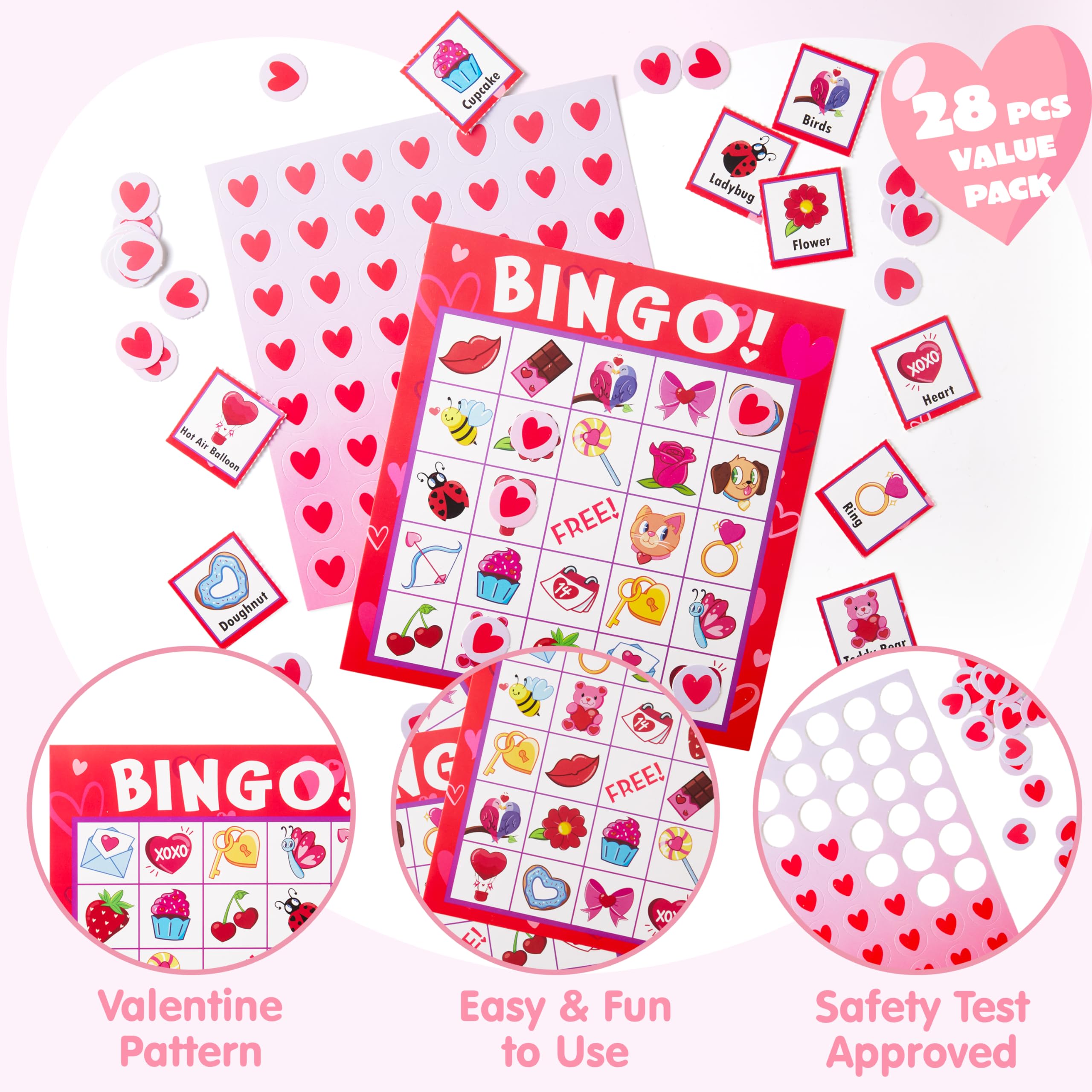 JOYIN 28 Players Valentine's Day Bingo Set, Game Cards for Kids School Classroom Party Supplies, Family Activity