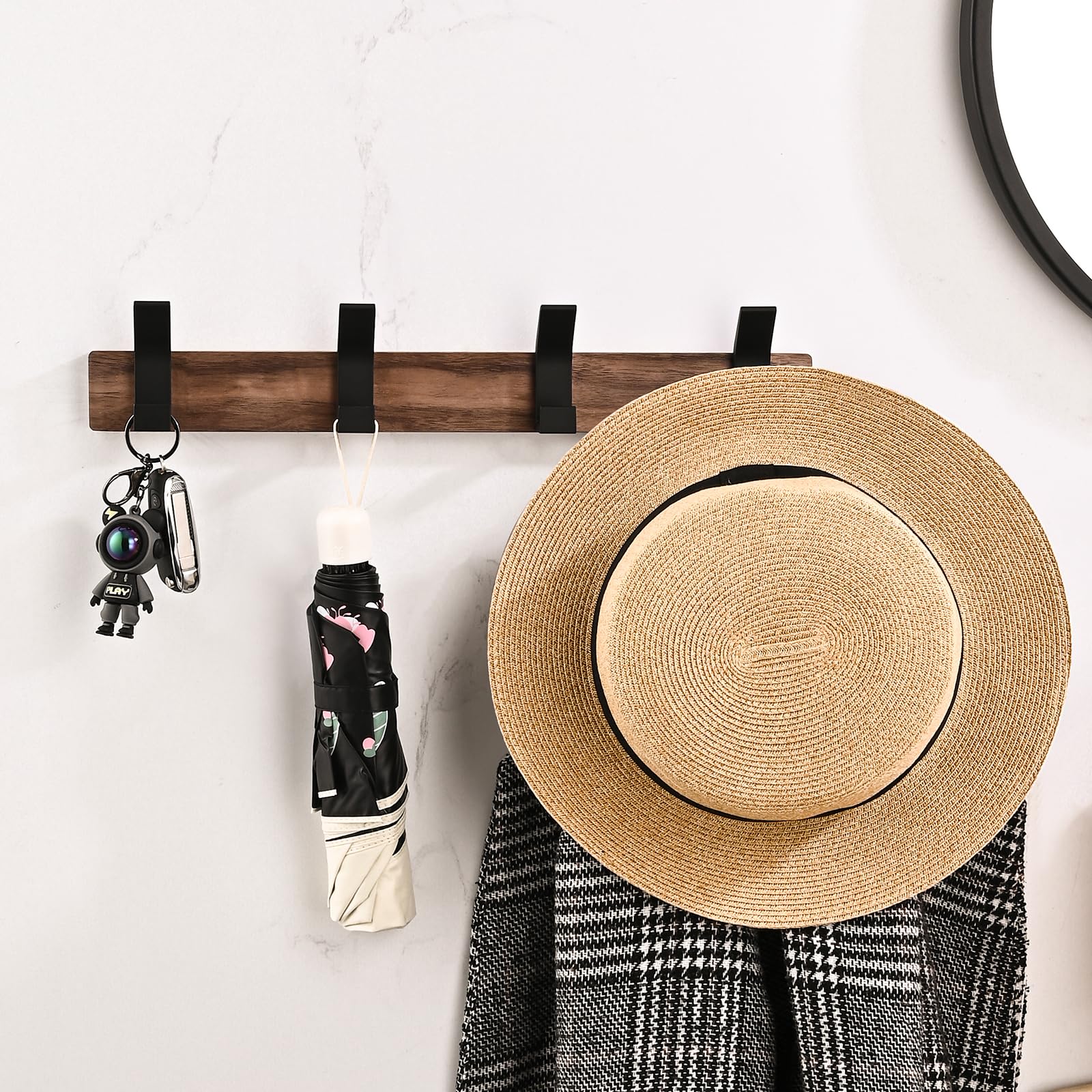 Jadorn Coat Rack Wall Mount - 15.7 Inches Walnut Wood Coat Hooks Coat Rack Wall Mount with 4 Hooks Black Aluminum Coat Hooks for Hanging Coat Hat Bag Hat Rustproof Coat Hanger