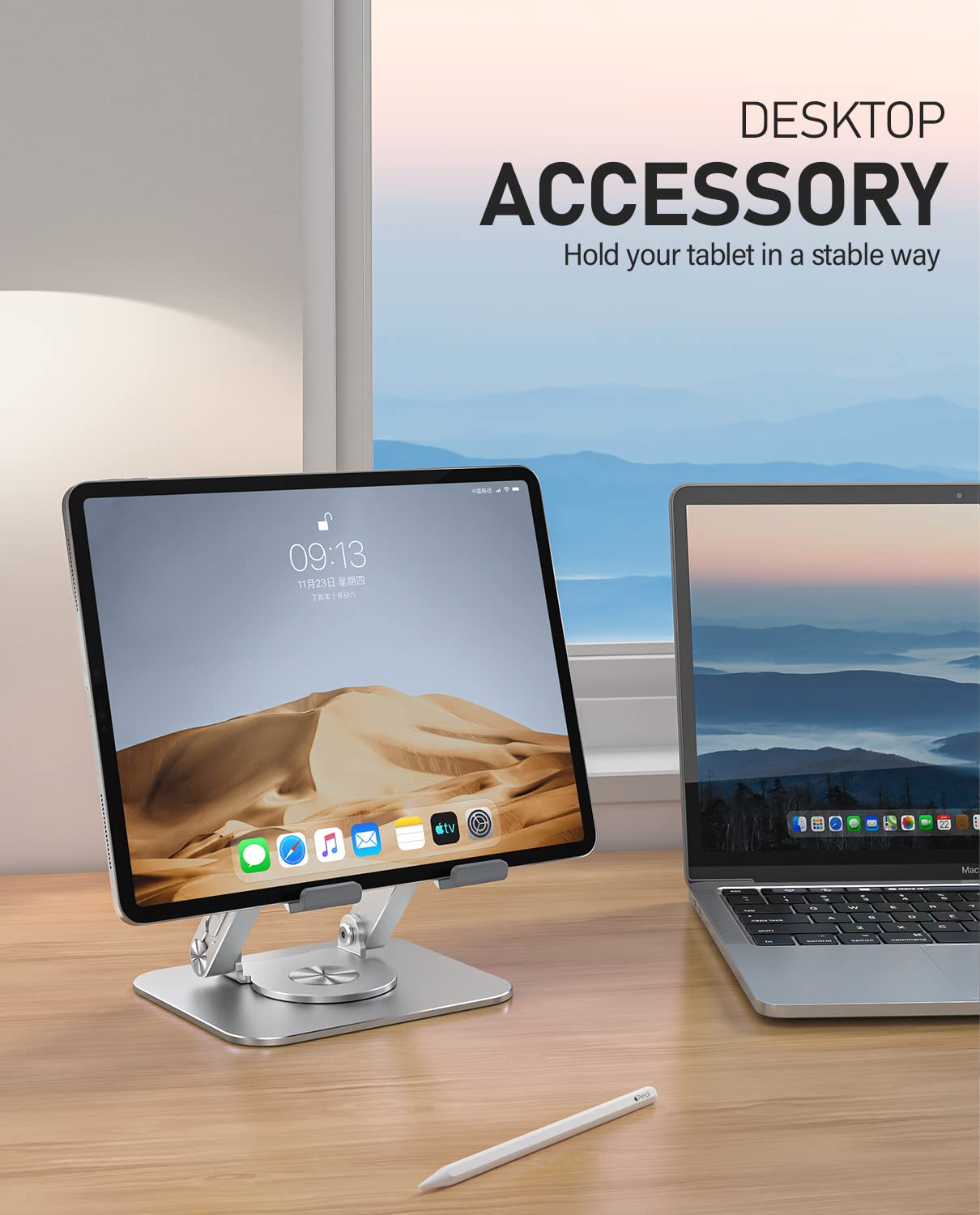 AOEVI Adjustable Tablet Stand with 360 Rotating Base, Compatible with iPad Pro 12.9, 10.5, 9.7 Air Mini 4 3 2, Silver