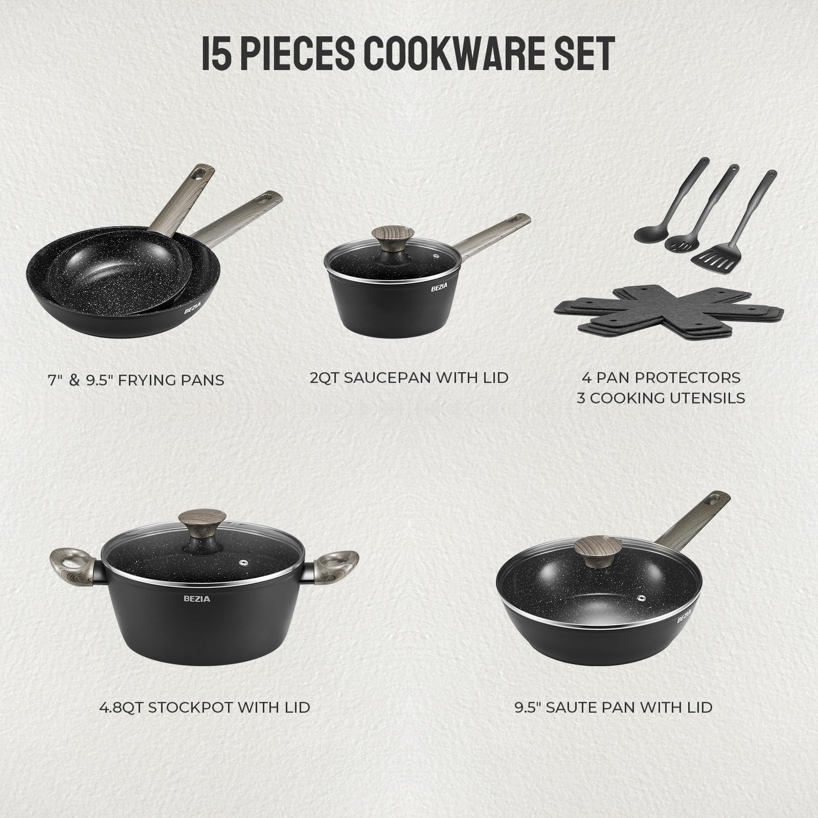BEZIA Induction Cookware Set 15-Piece, Nonstick Pots and Pans Set, Non Stick Kitchen Cooking Cookware Set with Stay-Cool Bakelite Handle, Dishwasher Safe, Compatible with All Stoves, Black