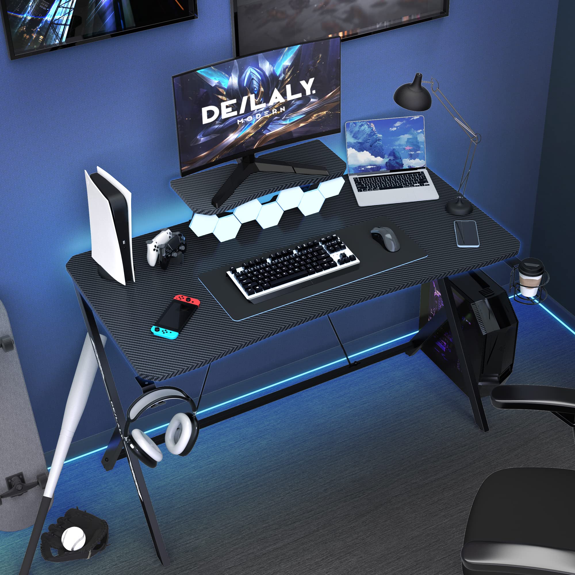 DEILALY 45IN Gaming Desk Gamer Table Carbon Fiber Surface Computer Table Gamer Desk with Monitor Shelf Office Home Study Desk Work PC Table Steel Legs Corner Desk Black