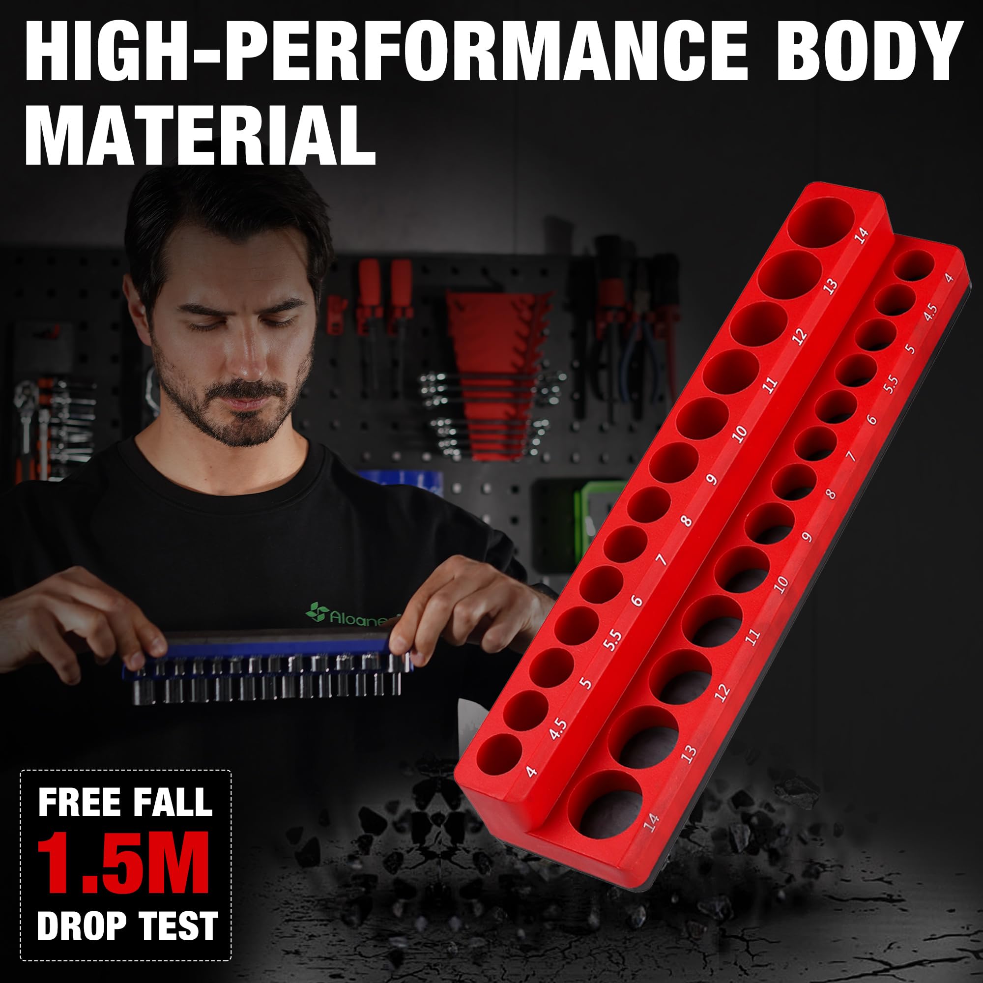 ALOANES 141-Slot Magnetic Socket Organizer, 6PC Socket Holder Kit, 1/2-inch, 3/8-inch, 1/4-inch Drive Socket Tray Holders,for Standard and Deep Metric SAE Sockets, Heavy Duty Organizer(Red&Blue)