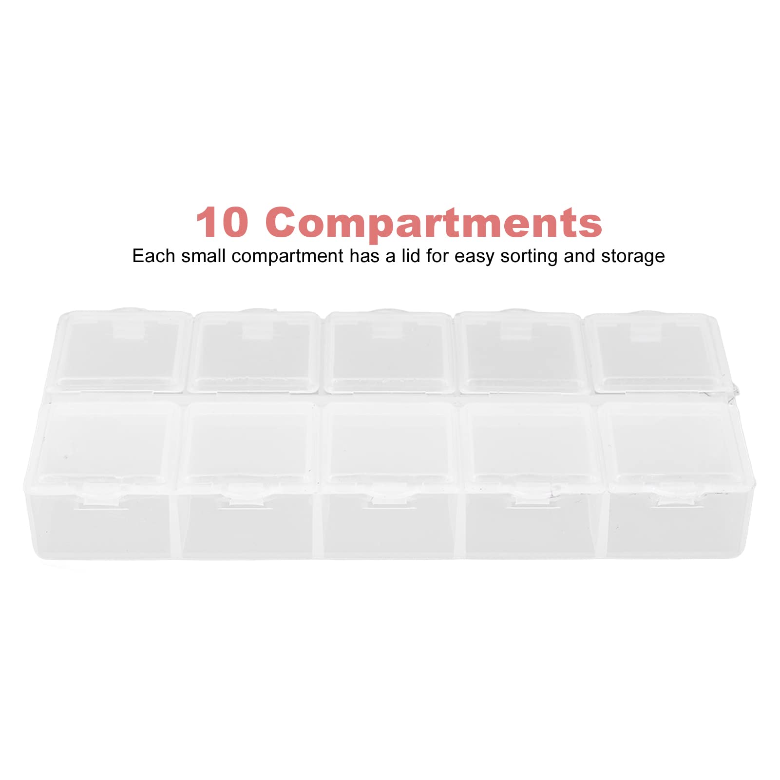 Compartment Storage Container, Detachable Cover Portable Safe 10 Grids Organizer Box Plastic White for Earrings for Nails Tool for Rhinestone