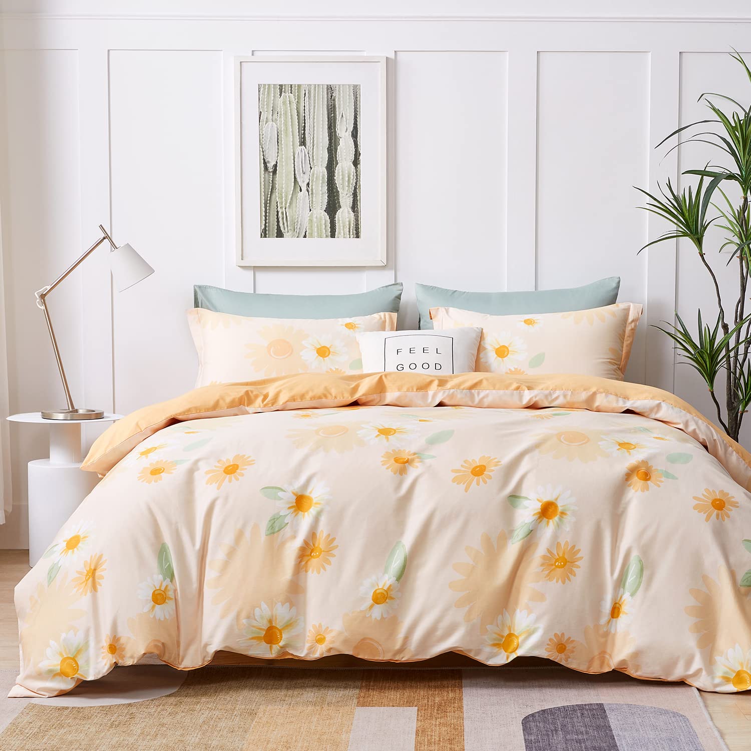 SAPHREAS King Size Duvet Cover Set with Fitted Sheet 4pcs Daisy Floral Bedding Comforter Cover Set 1 Quilt Cover 1 Fitted Sheet 2 Pillow Shams