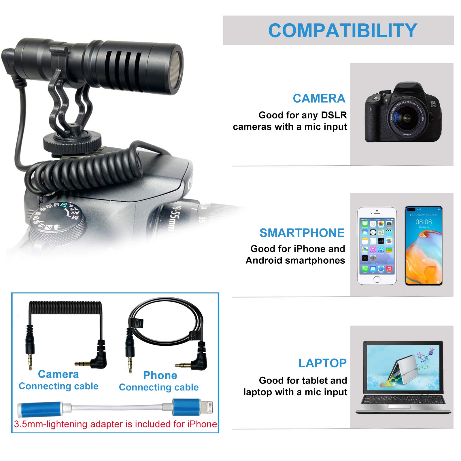 ARVOMIC Camera Video Microphone, Universal Shotgun Mic with Shock Mount, Deadcat Windscreen, Mini Tripod, Carrying Bag, Compatible with Smart Phones, Cameras, Ideal for Vlogging, Filming (AO-666B)