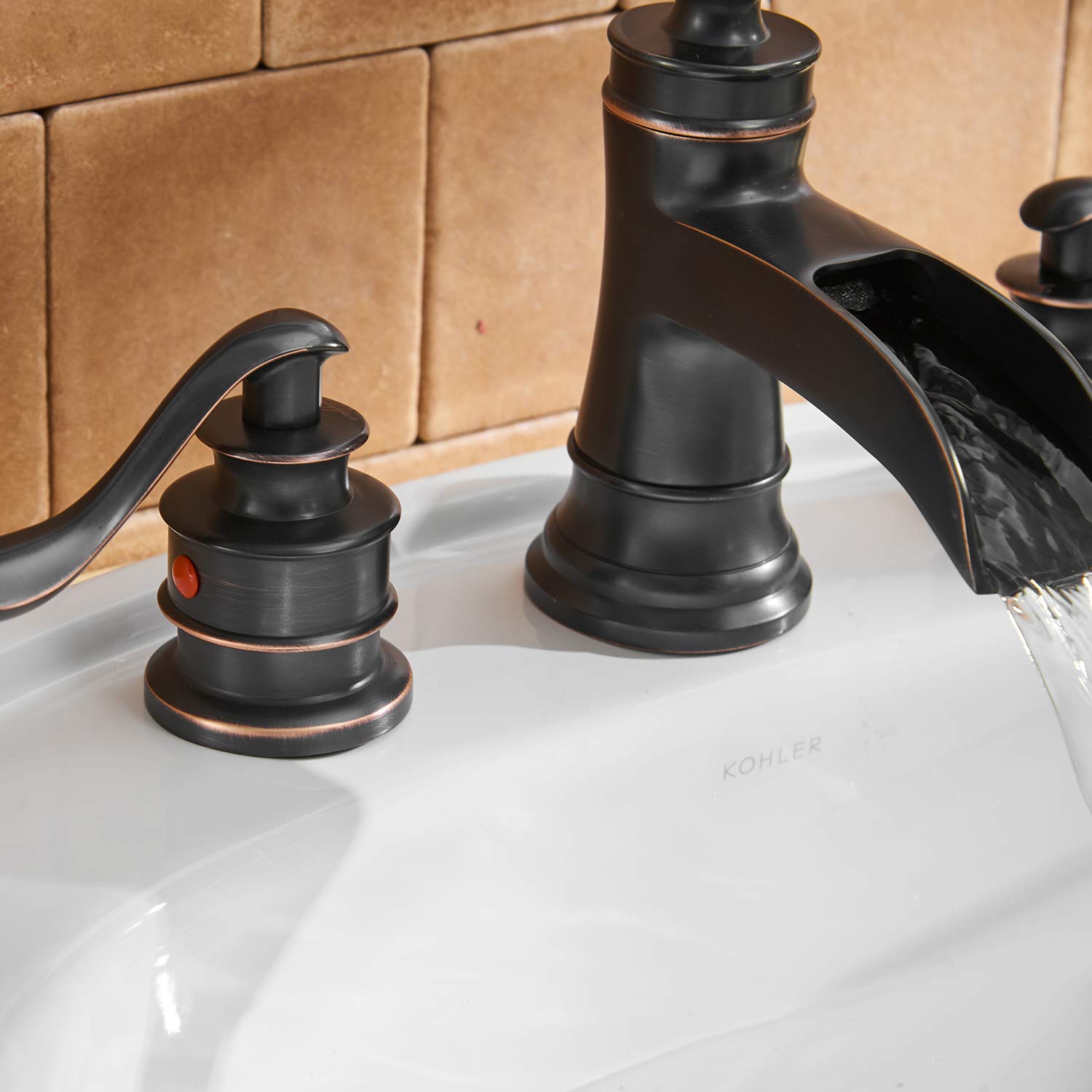 BWE 3 Hole Widespread Bathroom Faucet 8β Oil Rubbed Bronze Farmhouse Waterfall Pop Up Drain Stopper Assembly with Overflow and Supply Line Lead-Free Two Handle Bath Lavatory Sink ORB Mixer Tap