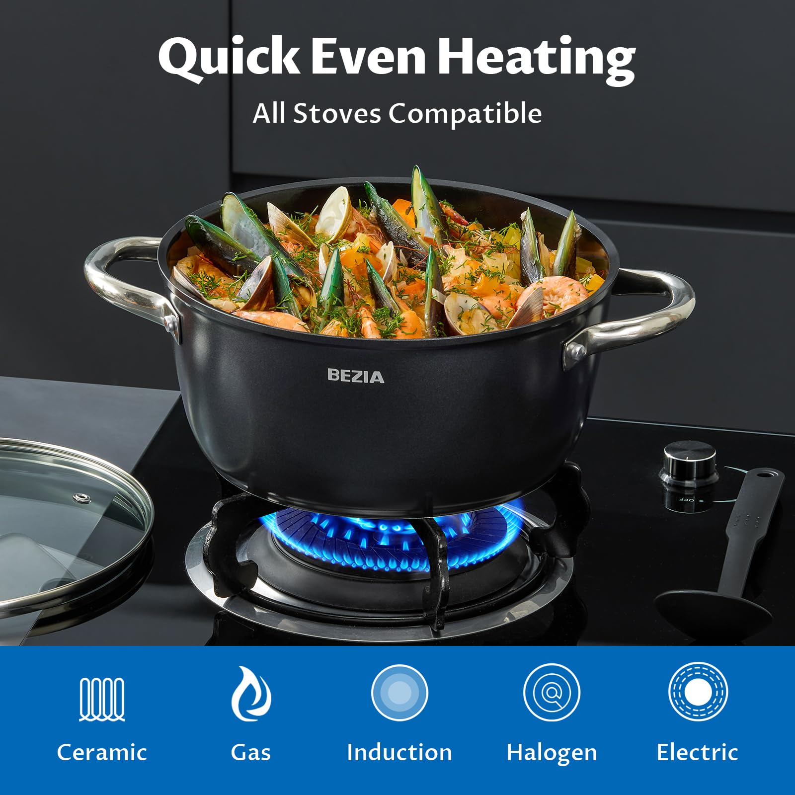 BEZIA Induction Cookware Set 15-Piece, Pots and Pans Set Non Stick with Ceramic Coating, Induction Pots Set with Stainless Steel Handles & Lids, Oven Safe, Compatible with All Stoves