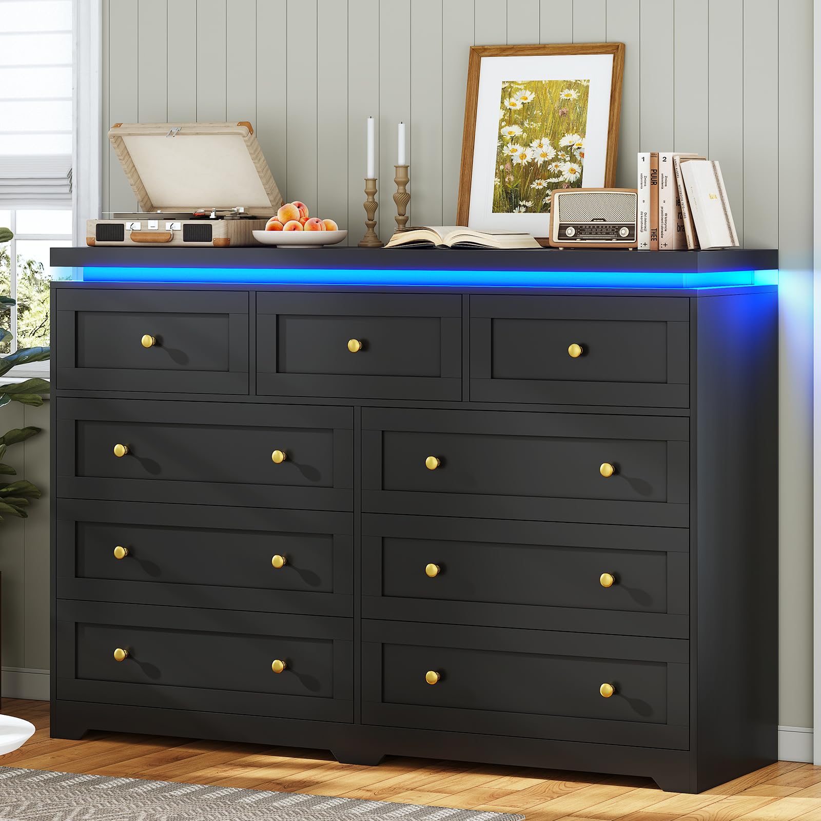 AOGLLATI Tall Dresser for Bedroom with 9 Drawers,55.1â Long Black Dresser with Led Lights, Modern Chest of Drawers, Led Wide Bedroom Dresser with Top Floating Design for Bedroom Hallway,Black