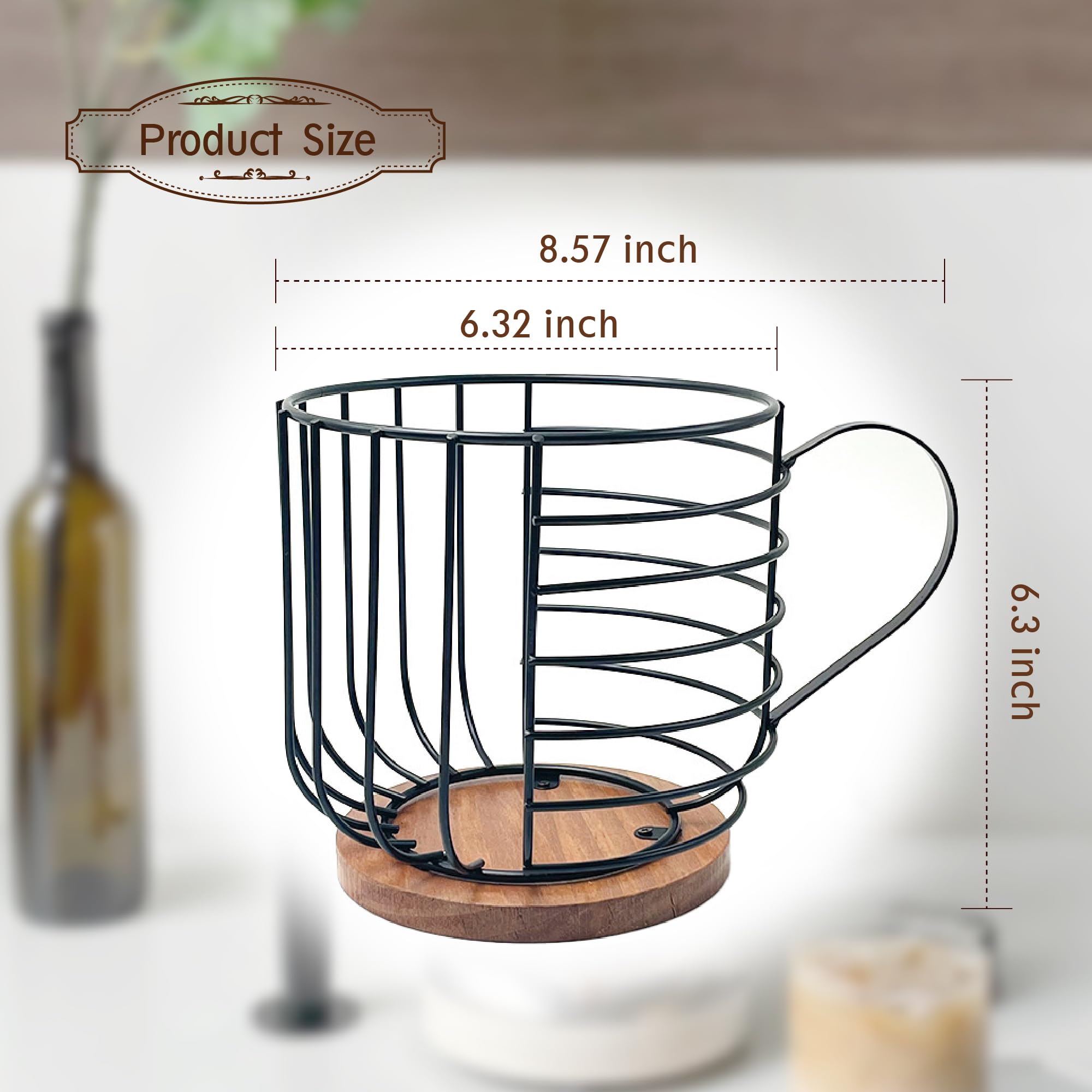 CAMATET Coffee Pod Holders, Black Wire Storage Basket with Wooden Base for Storing K Cups, Espresso Capsules, Coffee Creamer, Keurig Kcup Pods Organizer, Coffee Bar Accessories (With Handles)