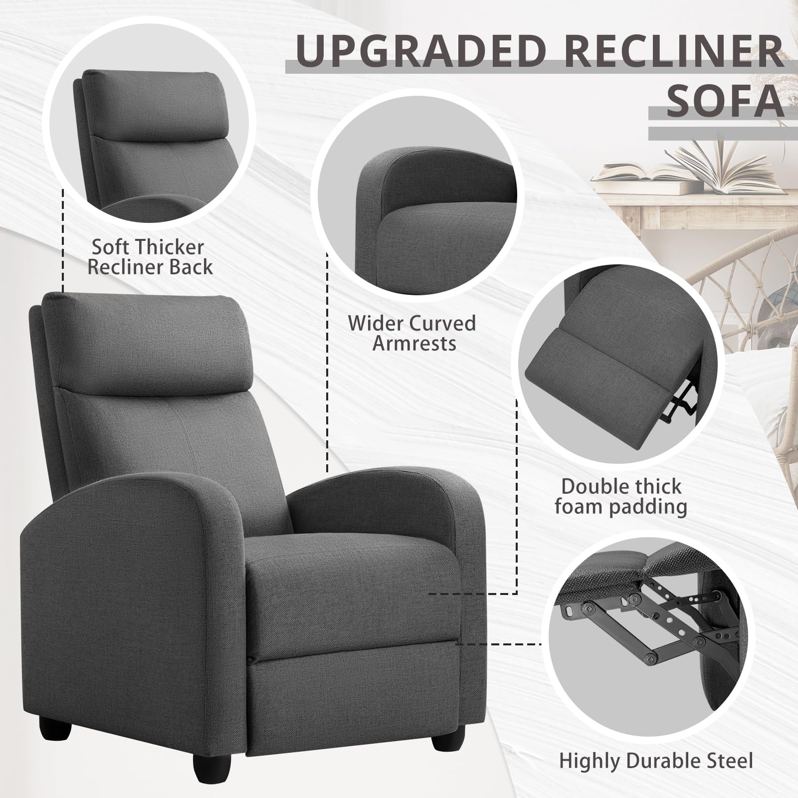 JUMMICO Recliner Chair Adjustable Home Theater Single Recliner Sofa Furniture with Thick Seat Cushion and Backrest Modern Living Room Recliners (Fabric, Black)