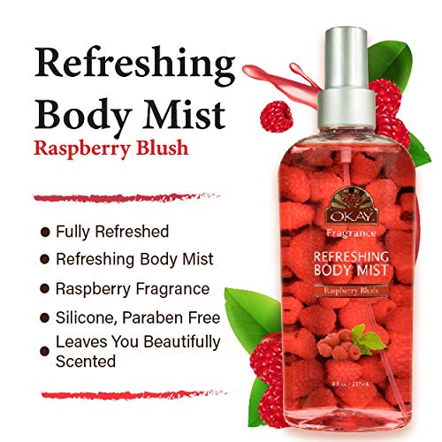 OKAY Fragrance Raspberry Blush Body Mist - Body Spray for Women, Light Perfume Mist for Skin, Clean Refreshing Scent, Uplifting and Fruity, Silicone and Paraben Free - 8 Fl Oz