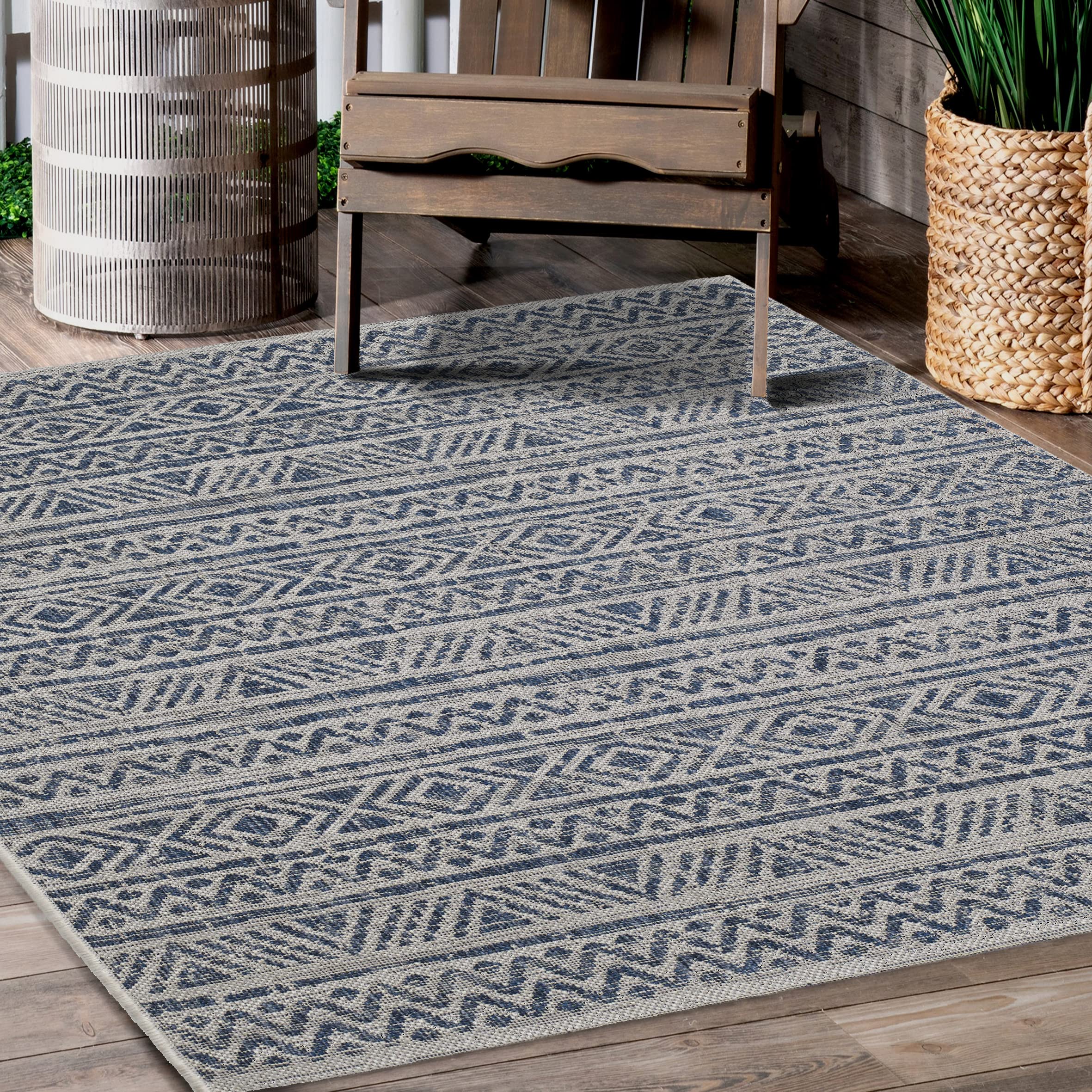 Fab Habitat Outdoor Rug - Waterproof Easy to Clean Stain Resistant - Patio Indoor Outdoor Porch Deck Balcony Entryway - Modern Abstract - Freeport - Blue - 5ft 2in x 7ft 6in