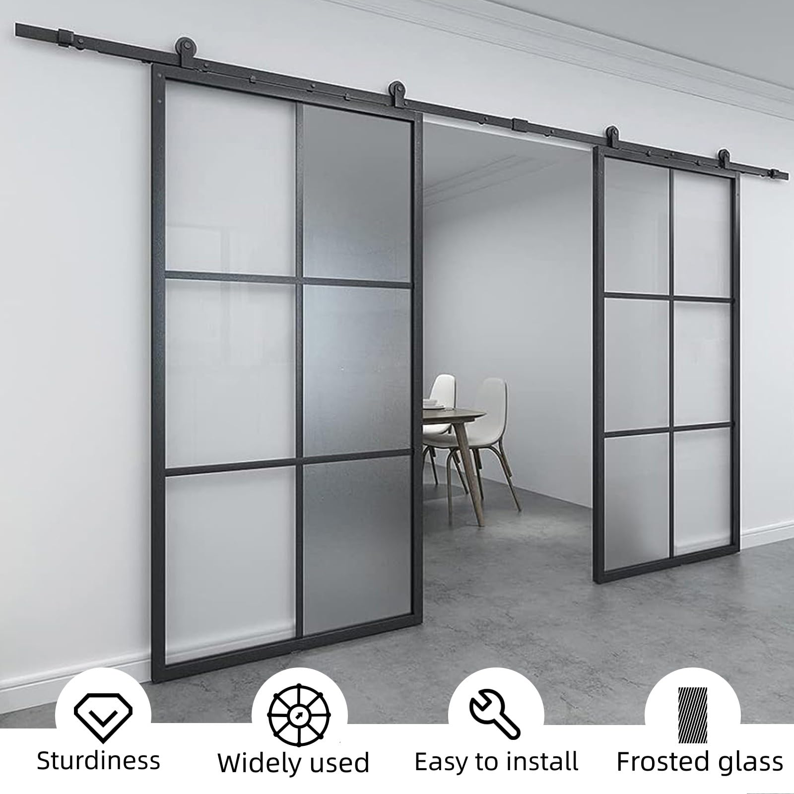 BARNSMITH 84in x 84in Double Glass Barn Door with 14FT Top Mounted Hardware Kit, Modern Black Aluminum Frame Tempered Frosted Glass Sliding Door, DIY Double Barn Door,Assemble Required(2 * 42inx 84in)