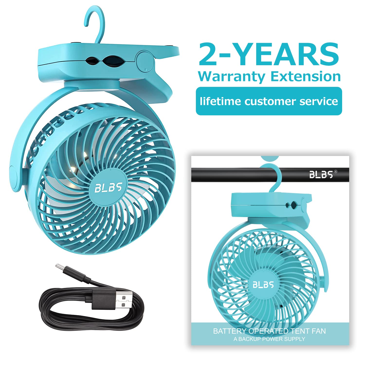 Camping Fan with LED Light - 12000mAh 65Hrs Battery Powered, Portable Rechargeable, Use As Power Bank, Clip On, Tent Fan for Camping, Camp Fan for Tent, Ceiling Fan for Tent RV Bed, Blue