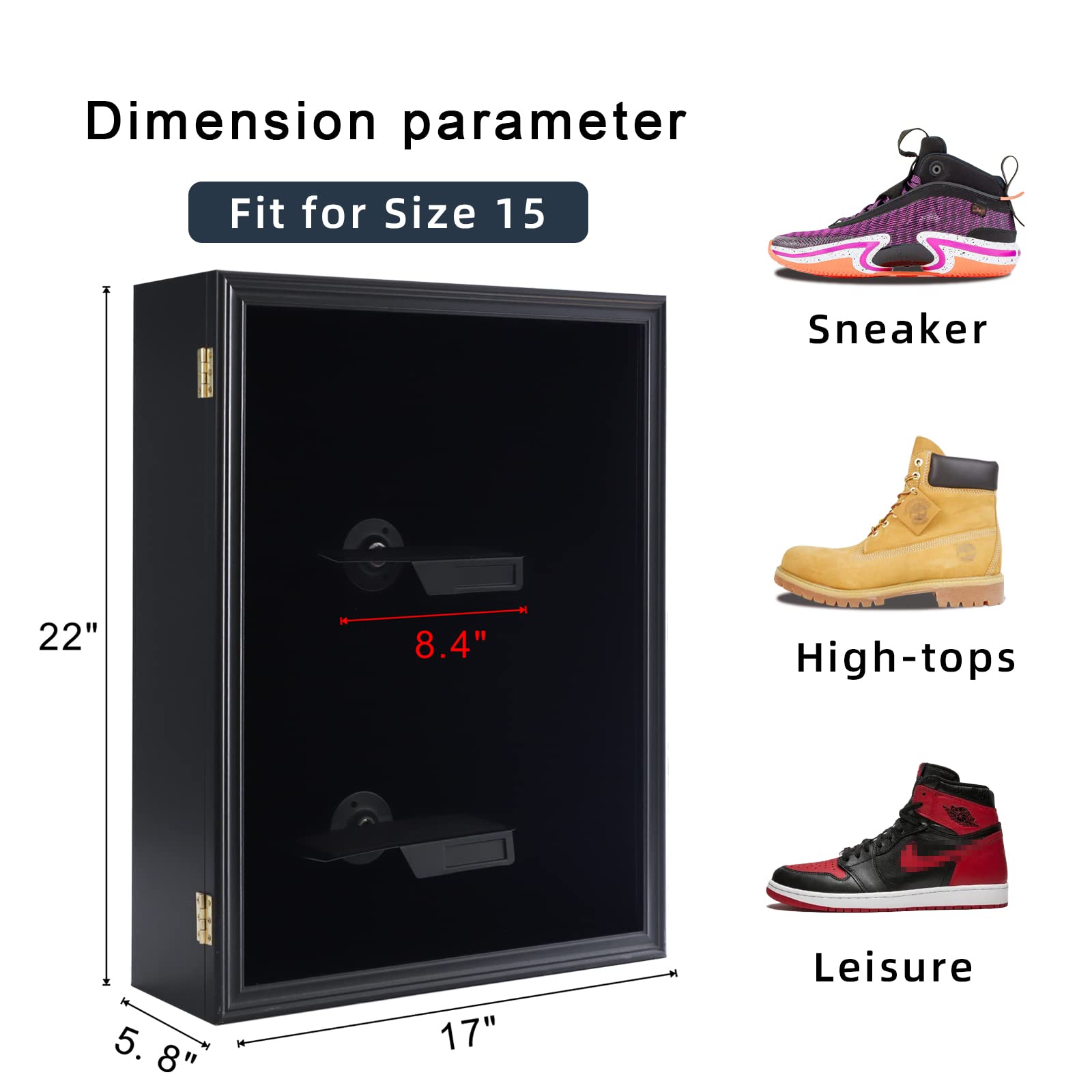 COMSREV Memorabilia Shoe Display Case Wooden Frame Wall Mount Acrylic Clear Door Sneaker Cabinet Containers Storage Shelves Boxes 98% UV Protection Lockable(Double Shoe-Black)