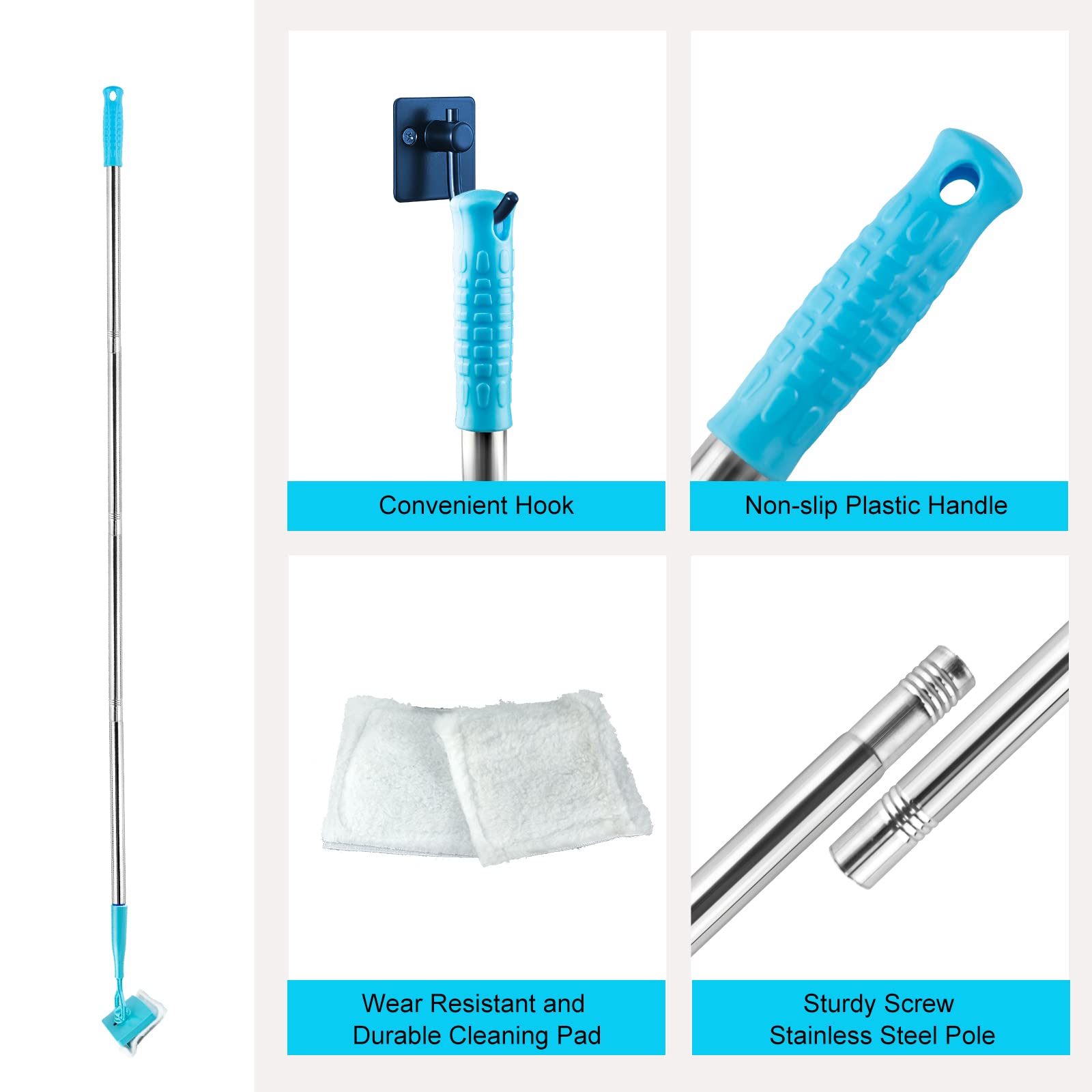 Baseboard Cleaner Tool with Handle, Molding Cleaning Tool, Baseboard Duster for Wall Cleaning with Extension Pole 51.5" and 2 Reusable Mop Cleaning Pads for Household, Wall, Kitchen Cleaning