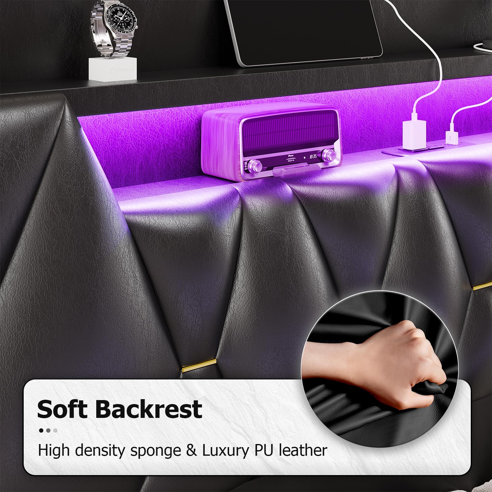 BYSAUD Floating Bed Frame with RGB Light,Hidden Storage Space in The headboard,Floating Bed with Charging Station Including 2 Standard sockets, PU Leather (King)