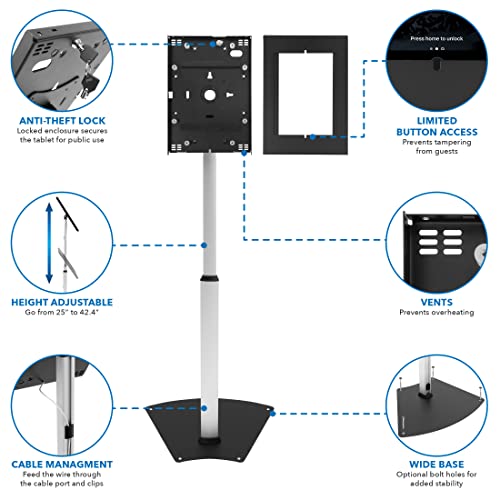 Mount-It! Anti-Theft Tablet Kiosk Floor Stand Compatible with iPad and Samsung | Height Adjustable Secure Check-in Stand | Free-Standing Or Secure Bolt-On Design