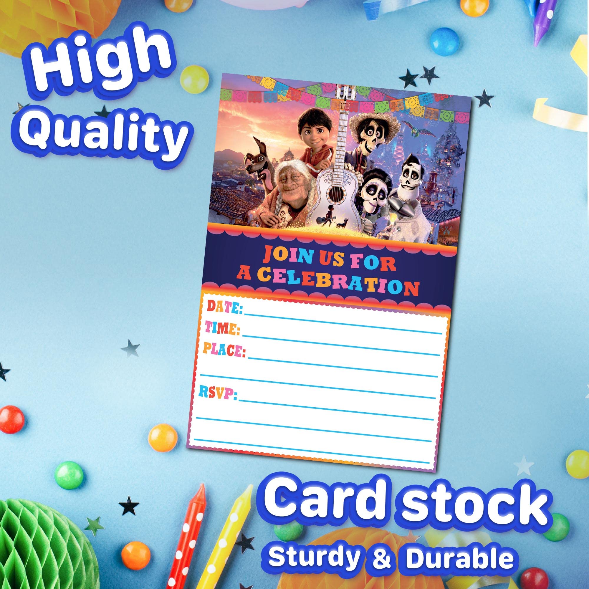 Set of 20 Coco -Themed Happy Birthday Invitation Cards & Envelopes - Lightweight (240g), Postcard Style Invites for the Perfect Party Pack