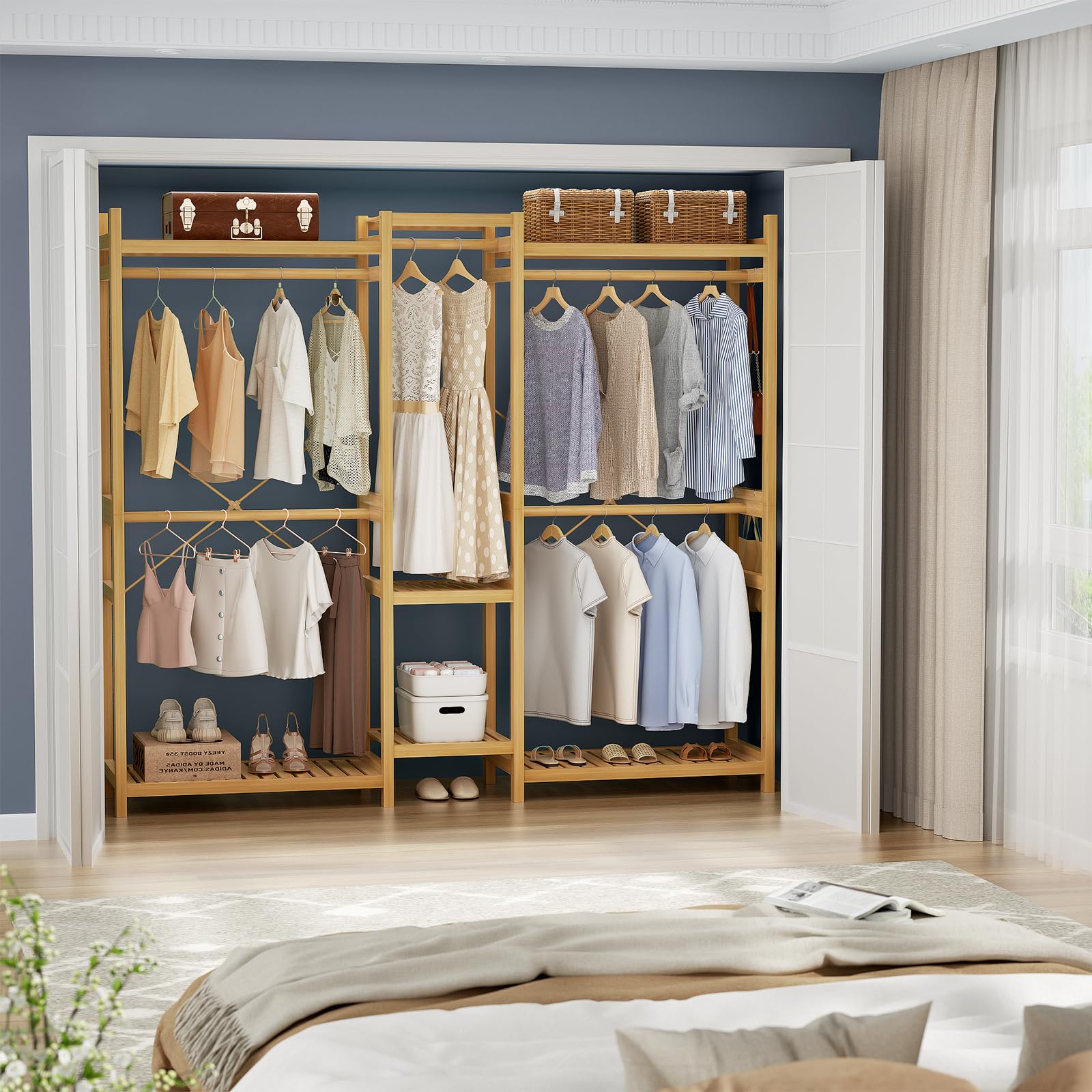 Homykic Bamboo Closet System Clothes Rack, Large Freestanding Garment Rack Clothing Rack for Hanging Clothes with 7 Storage Shelves and 5 Rods, Open Wardrobe Organizer with 4 Hooks, Natural