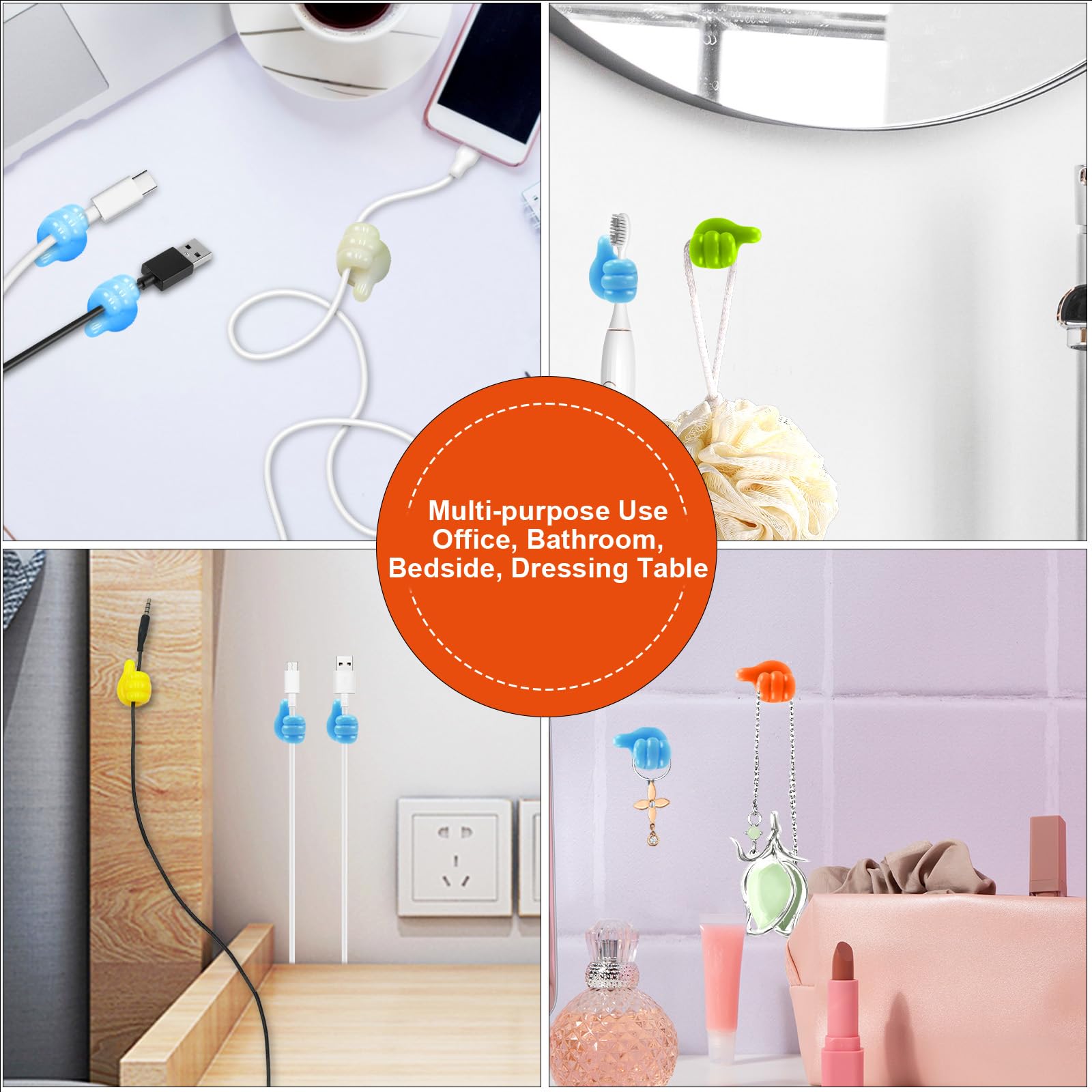 Aphrordity 30 Pcs Self Adhesive Silicone Thumb Hooks, Waterproof Cable Holder Wire Cord Clip Management, Multifunction Thumb up Wall Hooks for Cable Clip Key Holder Wall Car Home Office 5 Colours