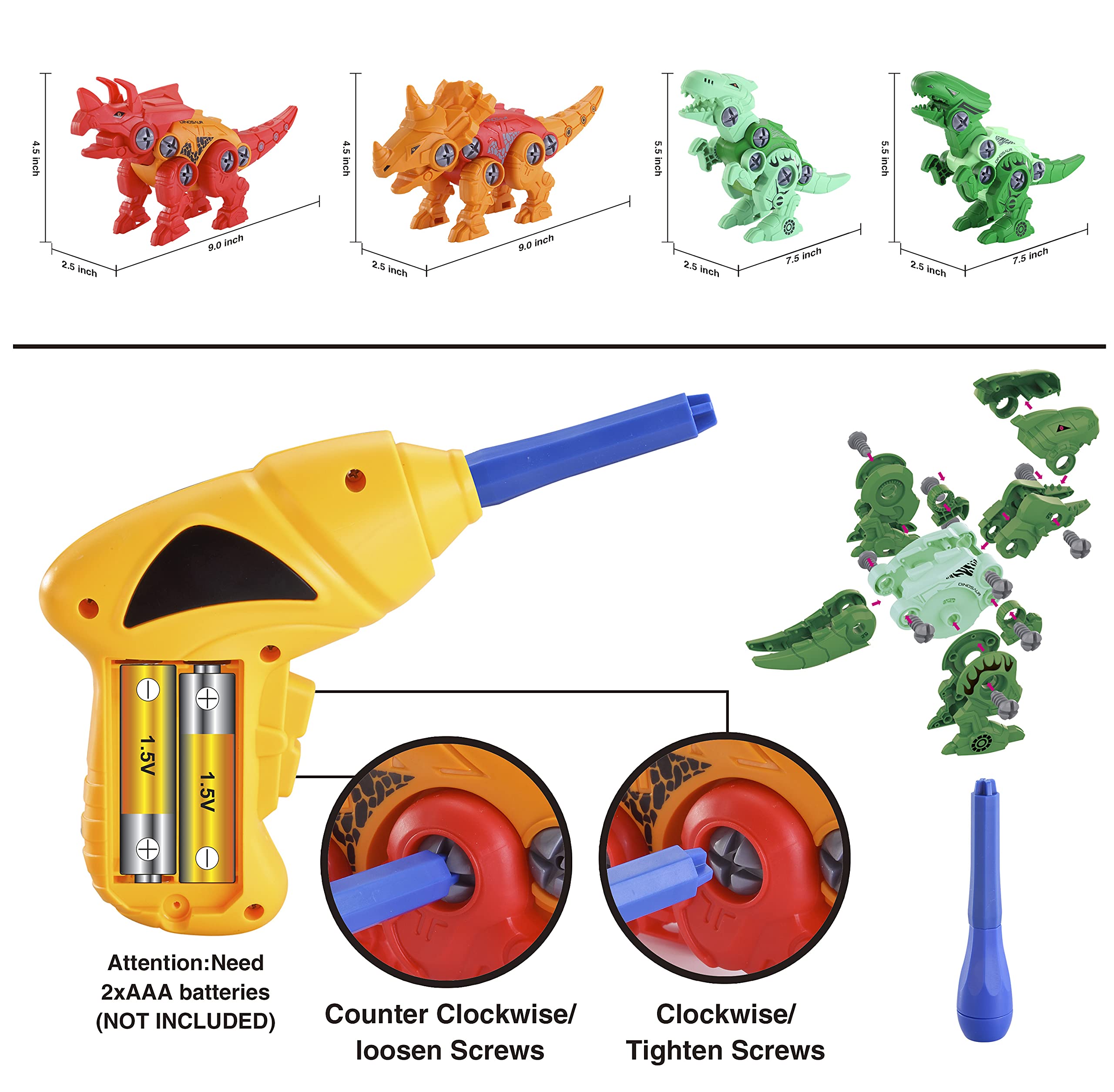 JOYIN 4 Pack Take Apart Dinosaur Toys with Movable Joint, Electric Drill, Dinosaur Eggs, Creative Building Construction Engineering Play Kit, Kids Learning Educational Toys