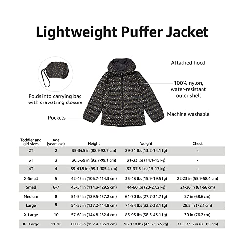 Amazon Essentials Girls' Lightweight Water-Resistant Packable Hooded Puffer Jacket, Black, Small