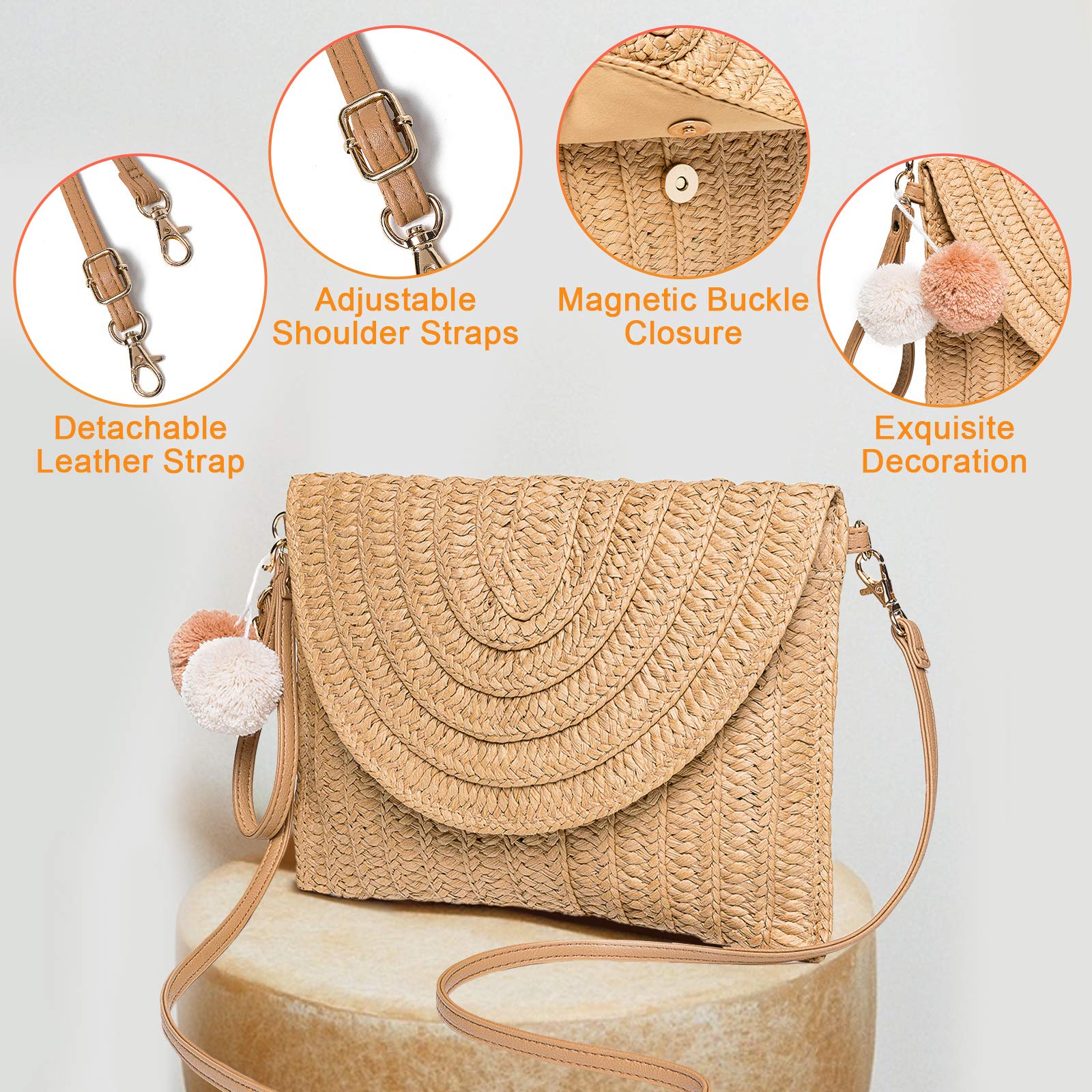 Kadell Straw Shoulder Bag, Women Straw Envelope Clutch Purse, Chic Handmade Straw Crossbody Bag, for Summer Beach (Brown-with pompoms)