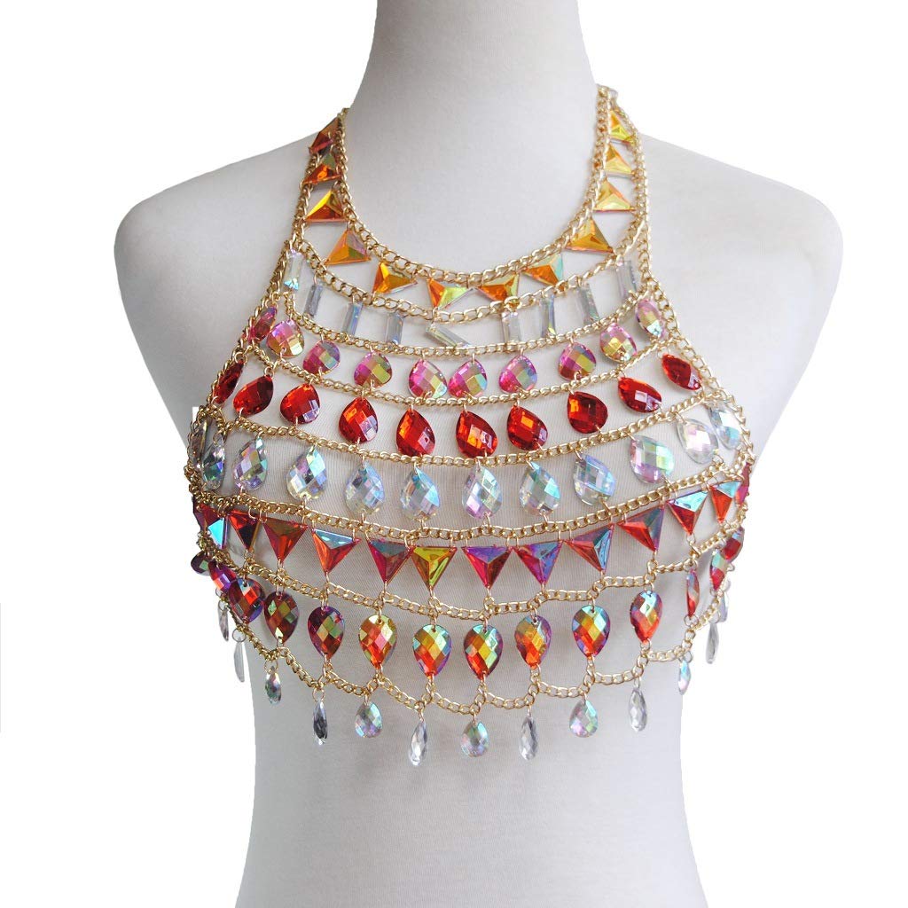 Aiosy Boho Body Chain Bra Gold Sexy Rhinestone Bikini Bra Body Halter Backless Sequins Chain Bra Beach Body Accessories Jewelry for Women (Red)