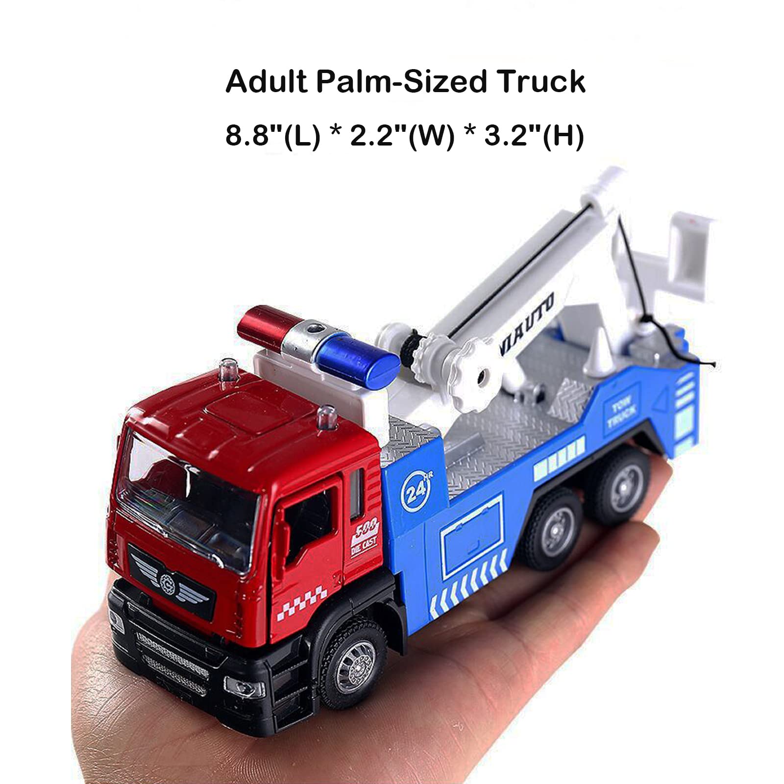 JOYINUS Toy Tow Truck Metal Diecast Truck with Car Pull Back Miniature Toy Trucks with Sound and Light for Boys(with 5 Pcs Traffic Signs)